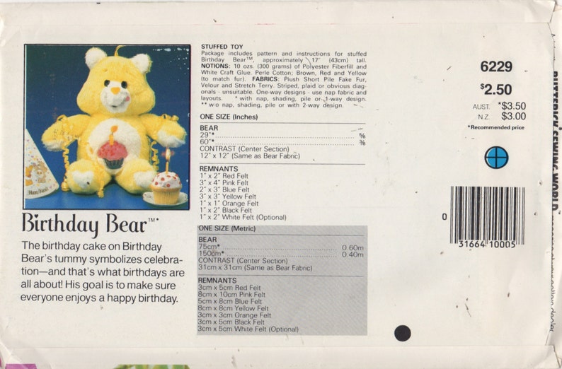 Butterick 6229 302 1980s BIRTHDAY BEAR Care Bear Pattern - Etsy