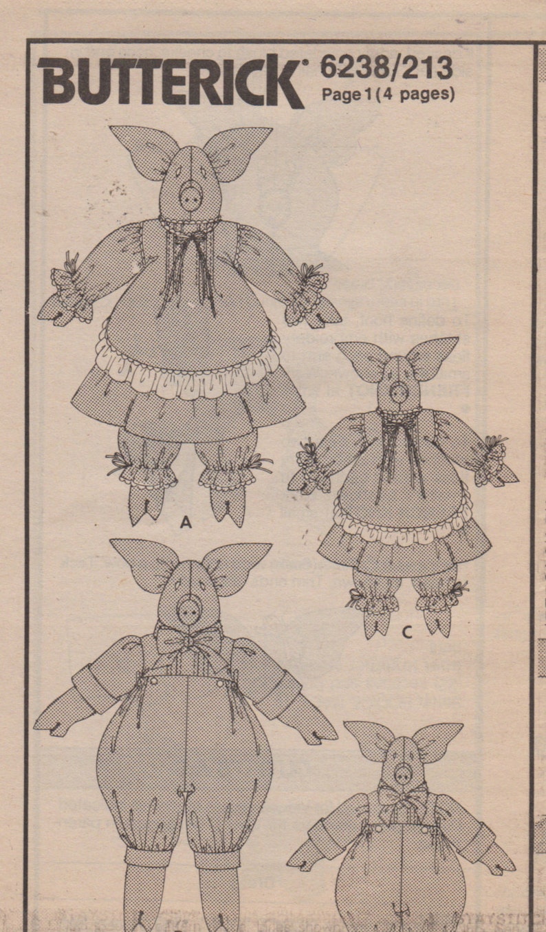 Butterick 6238 PIG and Piglet DOLLs and Clothes Country Pigs | Etsy