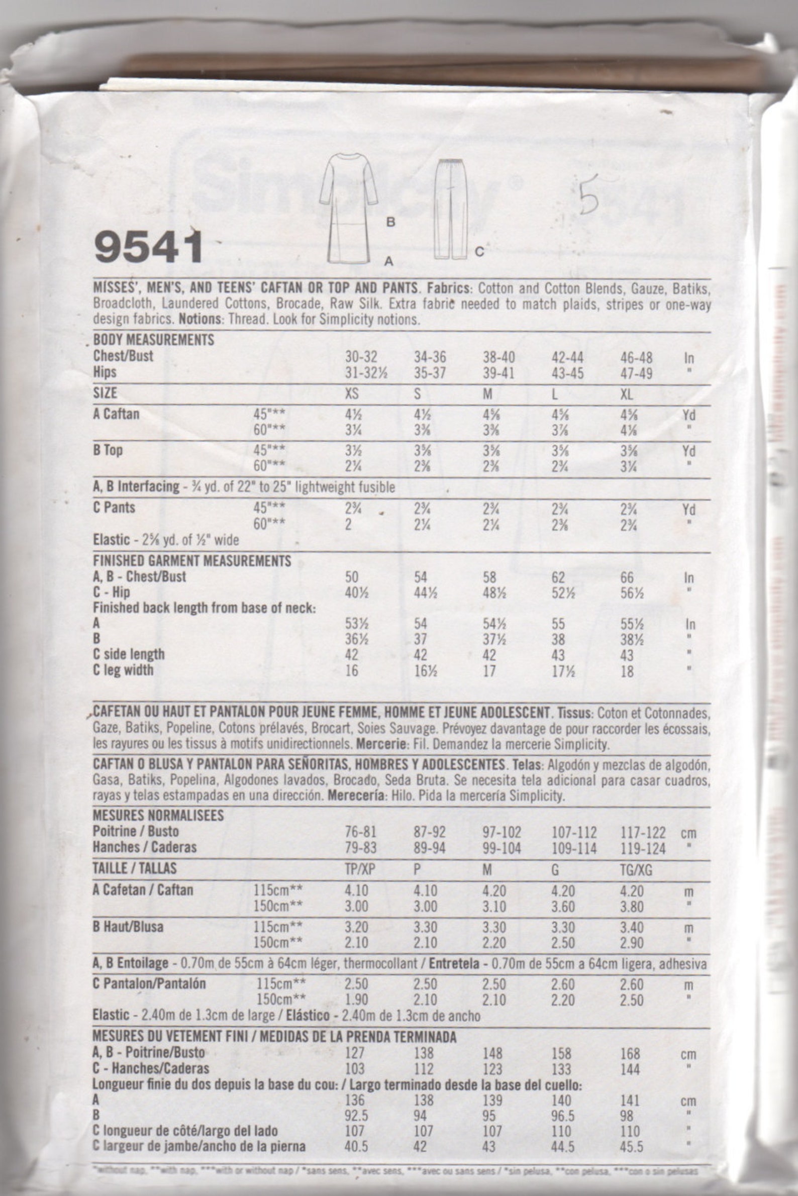 Simplicity 9541 Easy Misses Mens Teen Caftan and Top Tunic Pants ...