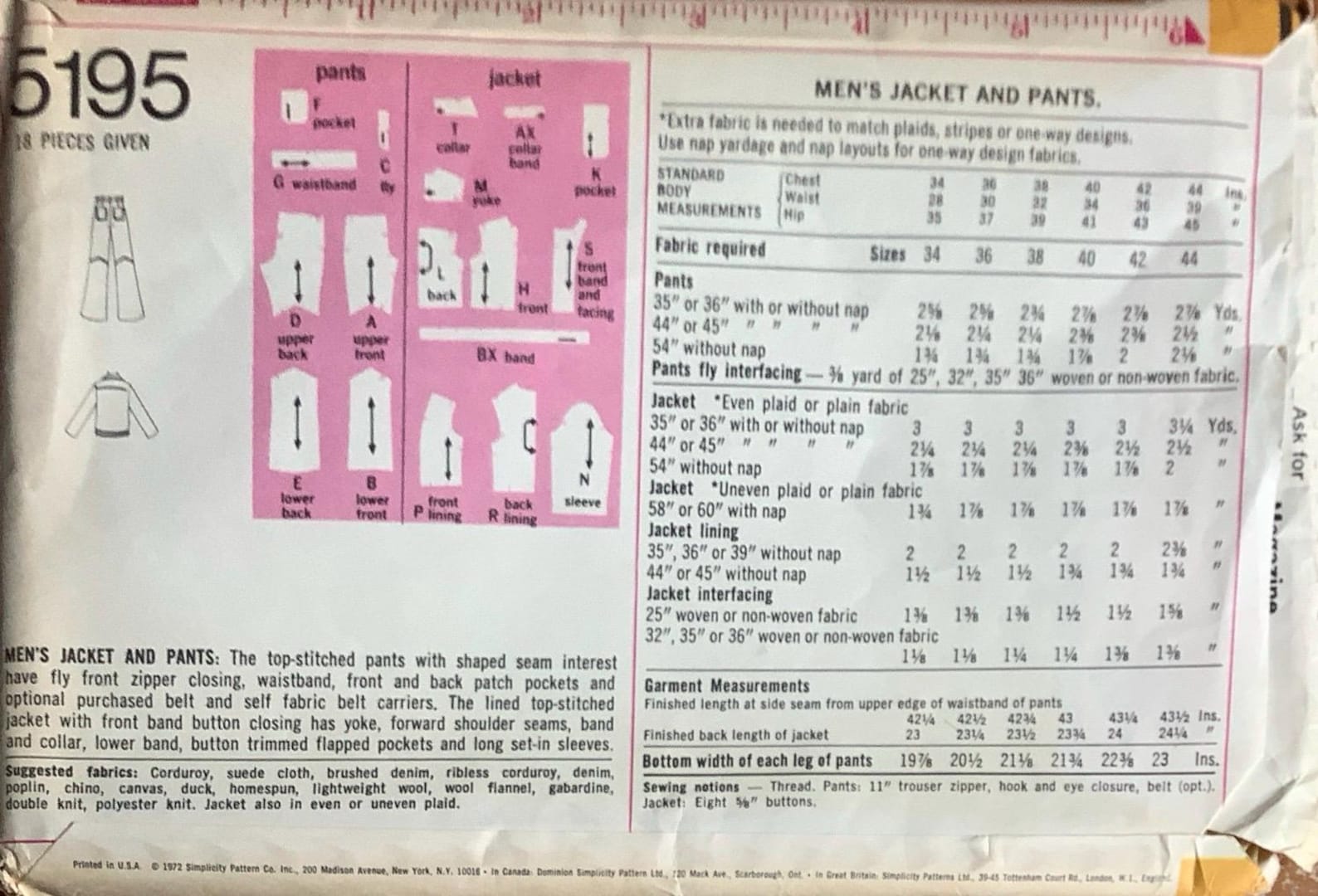 Simplicity 5195 Mens Western Style Jean Jacket and Pants Pattern Bell ...
