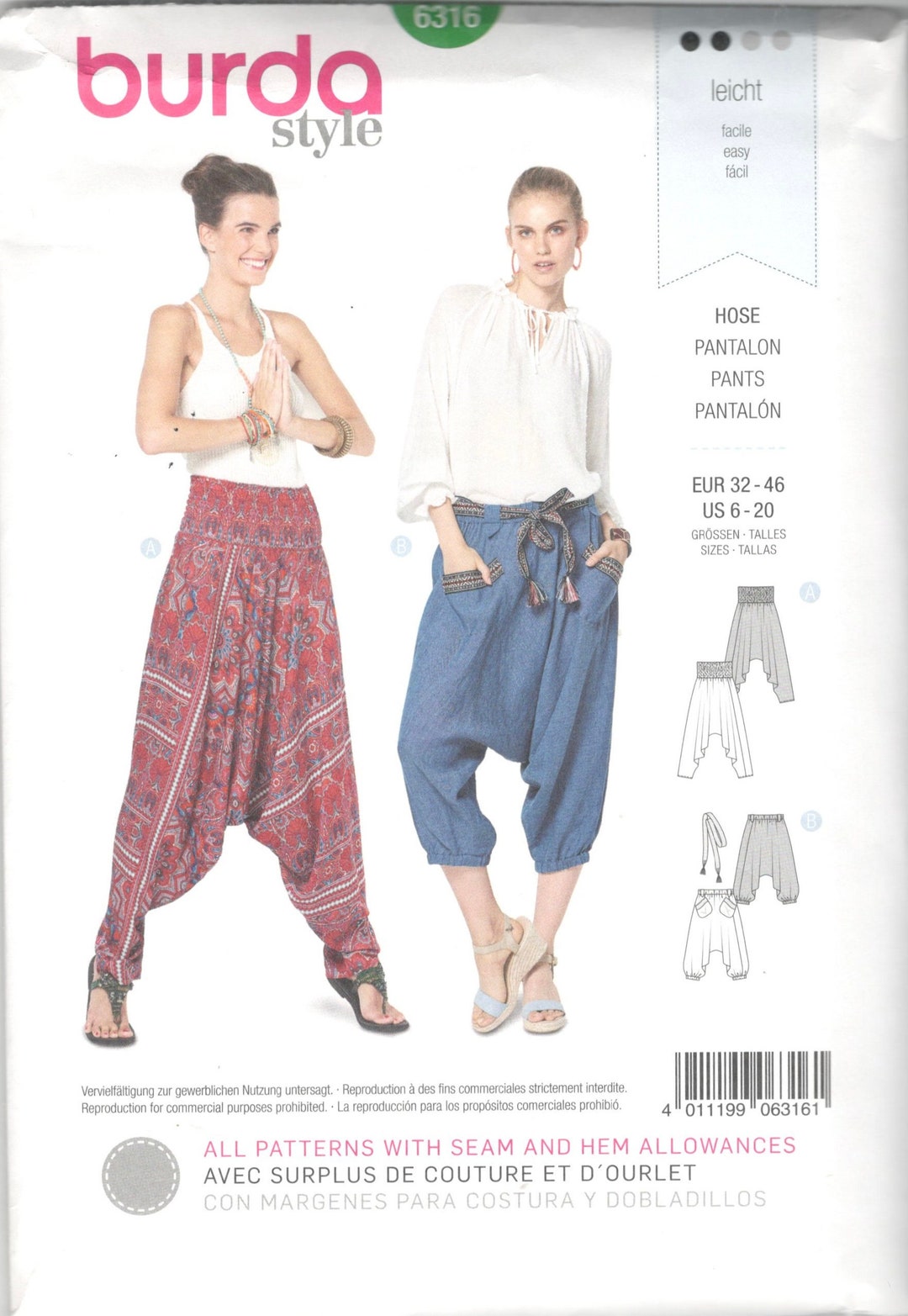 Burda 6316 Loose Fitting Drop Crotch Pants Pattern Harem Style Sarouel ...