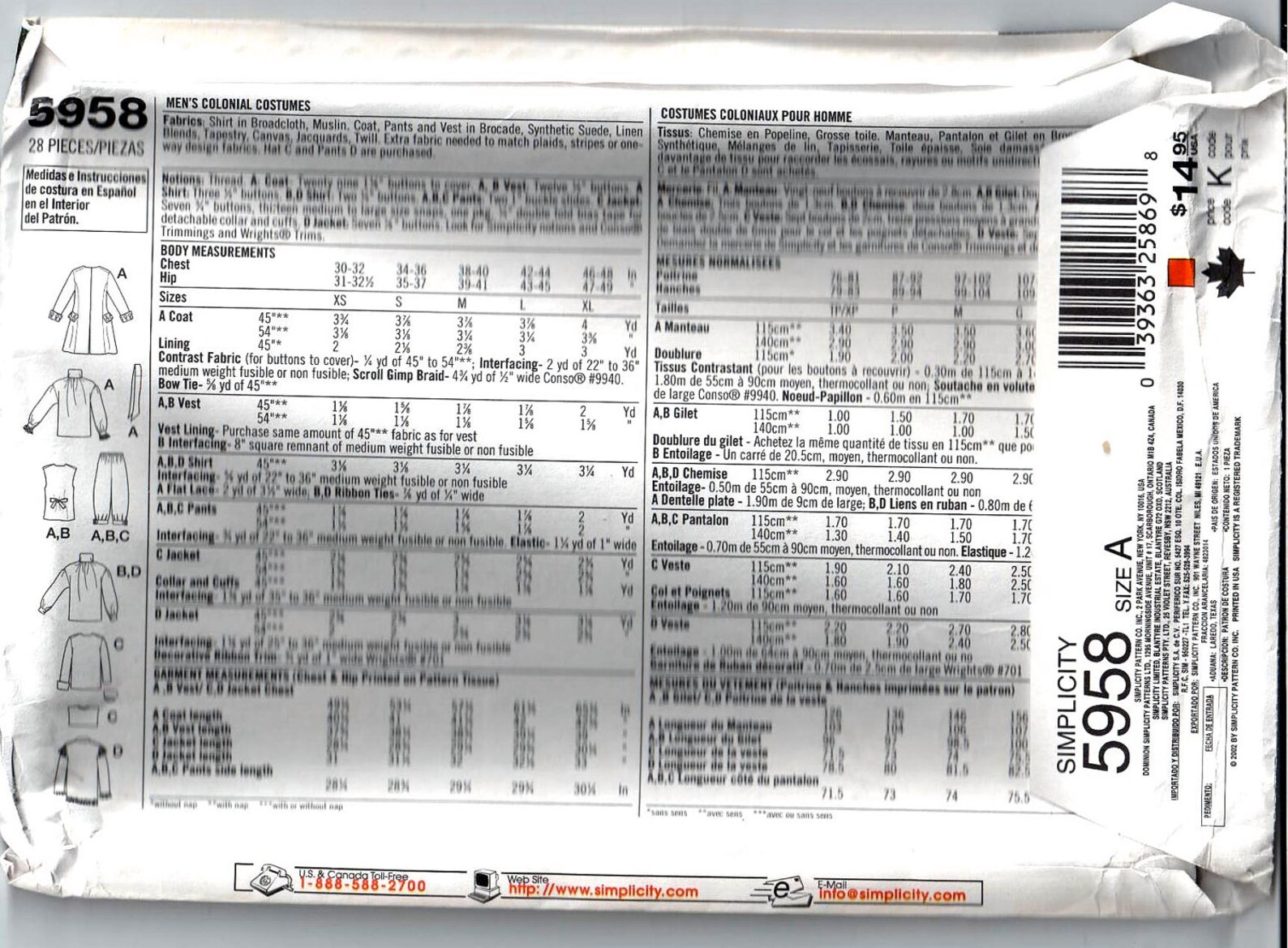 Simplicity 5958 Historical Costumes Pattern Ben Franklin - Etsy