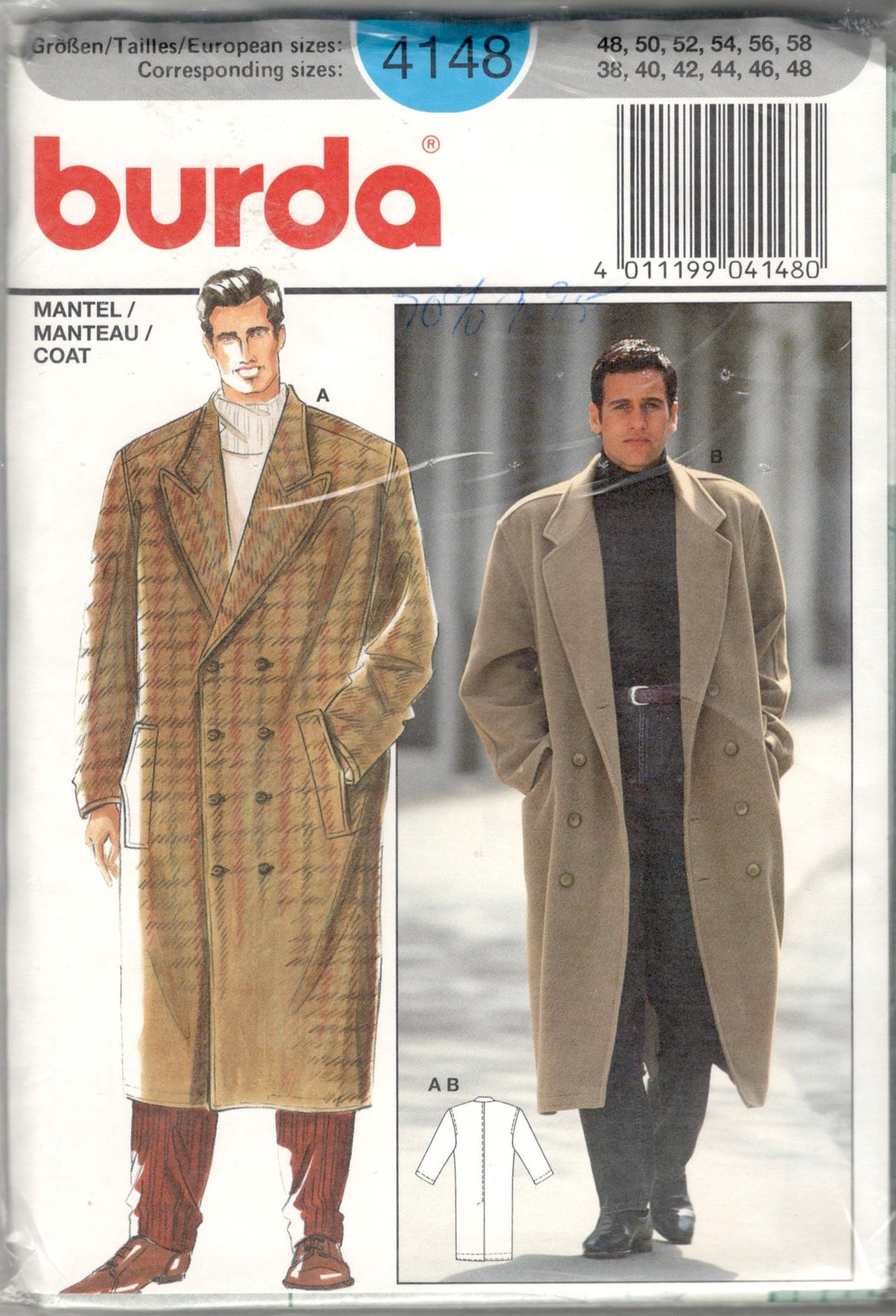 Mens Long Coat Pattern Double Breasted Overcoat Notched Collar Adult ...