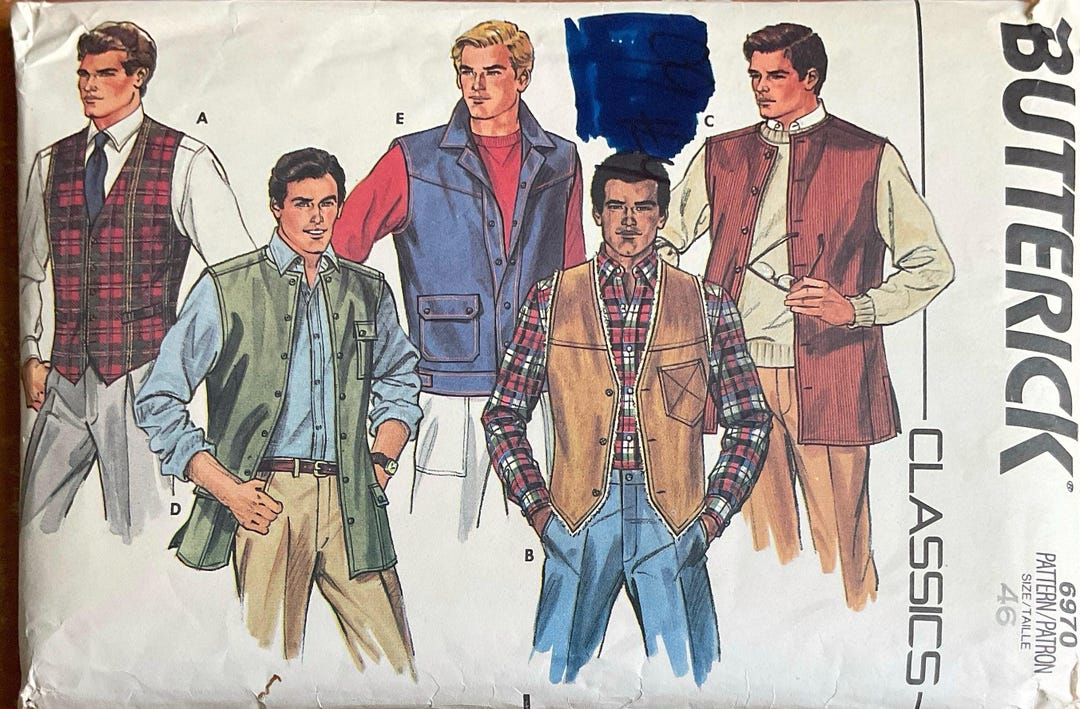 Butterick 6970 1980s Mens Vest Pattern Button or Snap Front Five Styles ...