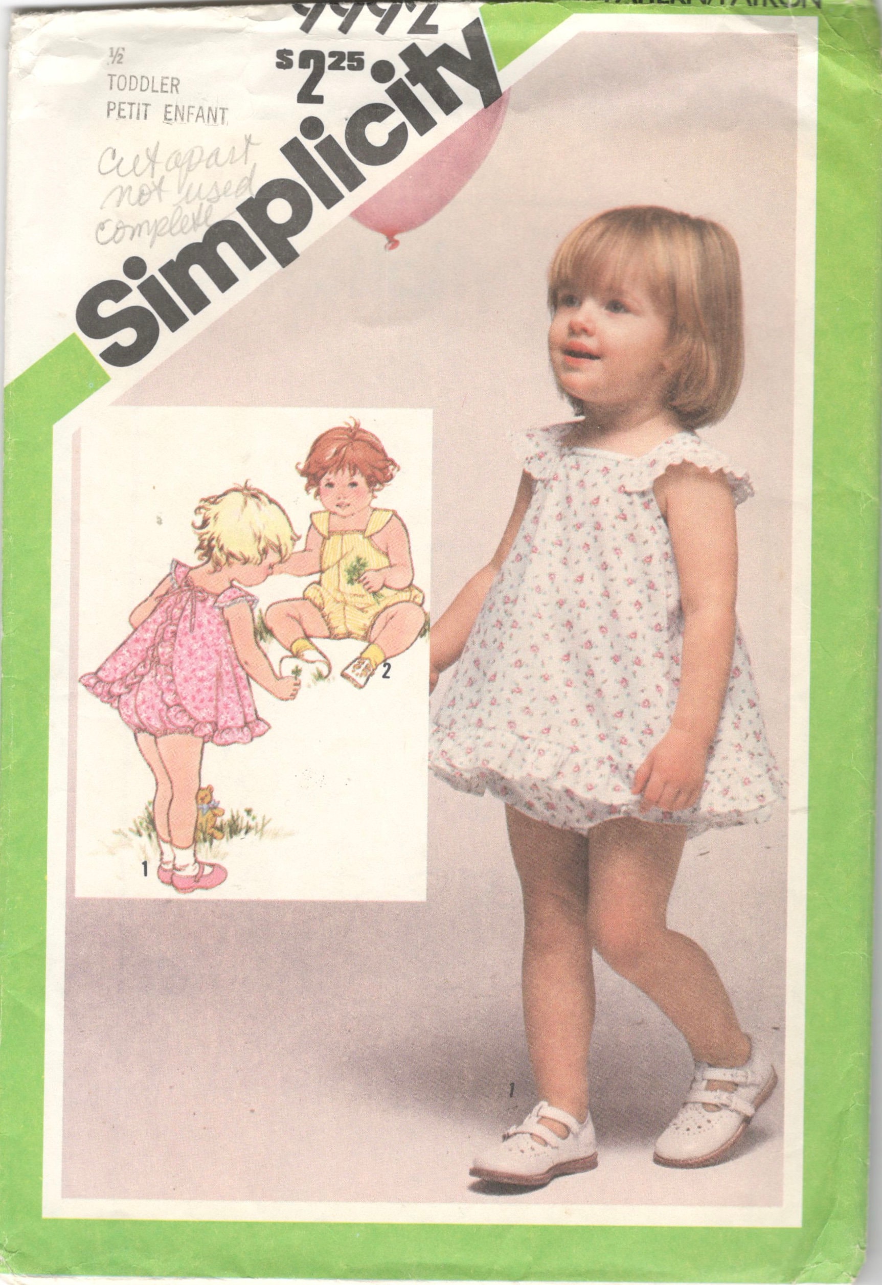 Simplicity 9992 1980s Toddlers Romper Sundress and Bloomers Pattern ...