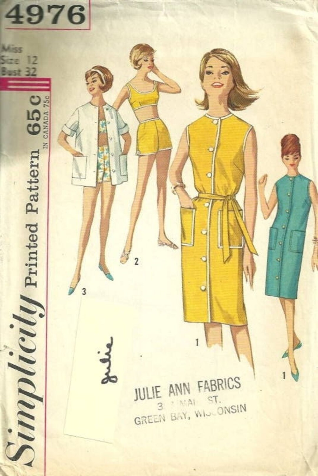 Simplicity 4976 1960s Misses Dress Beach Coat Shirt Lined Bra Top and ...