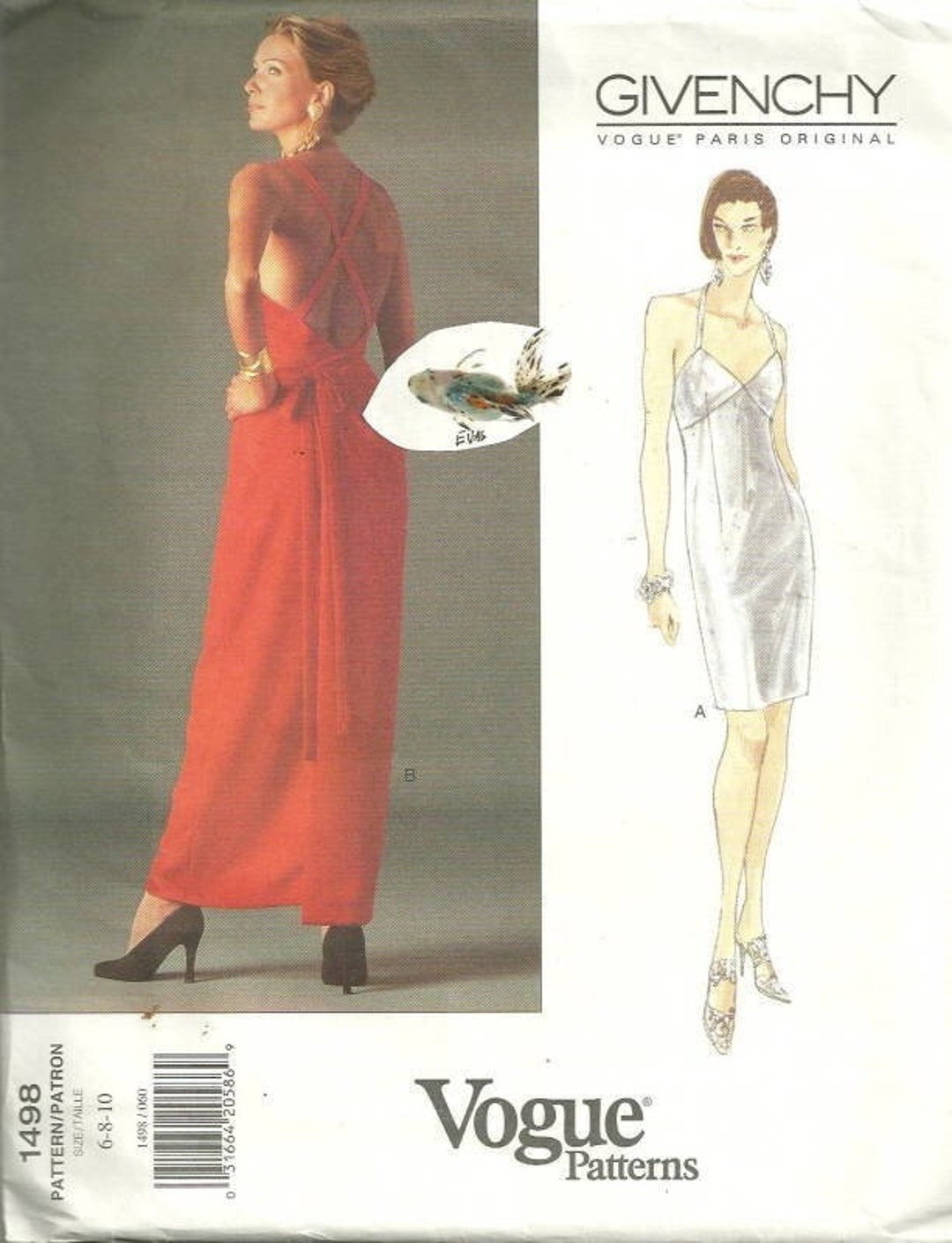 Vogue 1498 French Designer Givenchy Mock Wrap Dress Pattern Low Criss Cross Back Womens Sewing ...