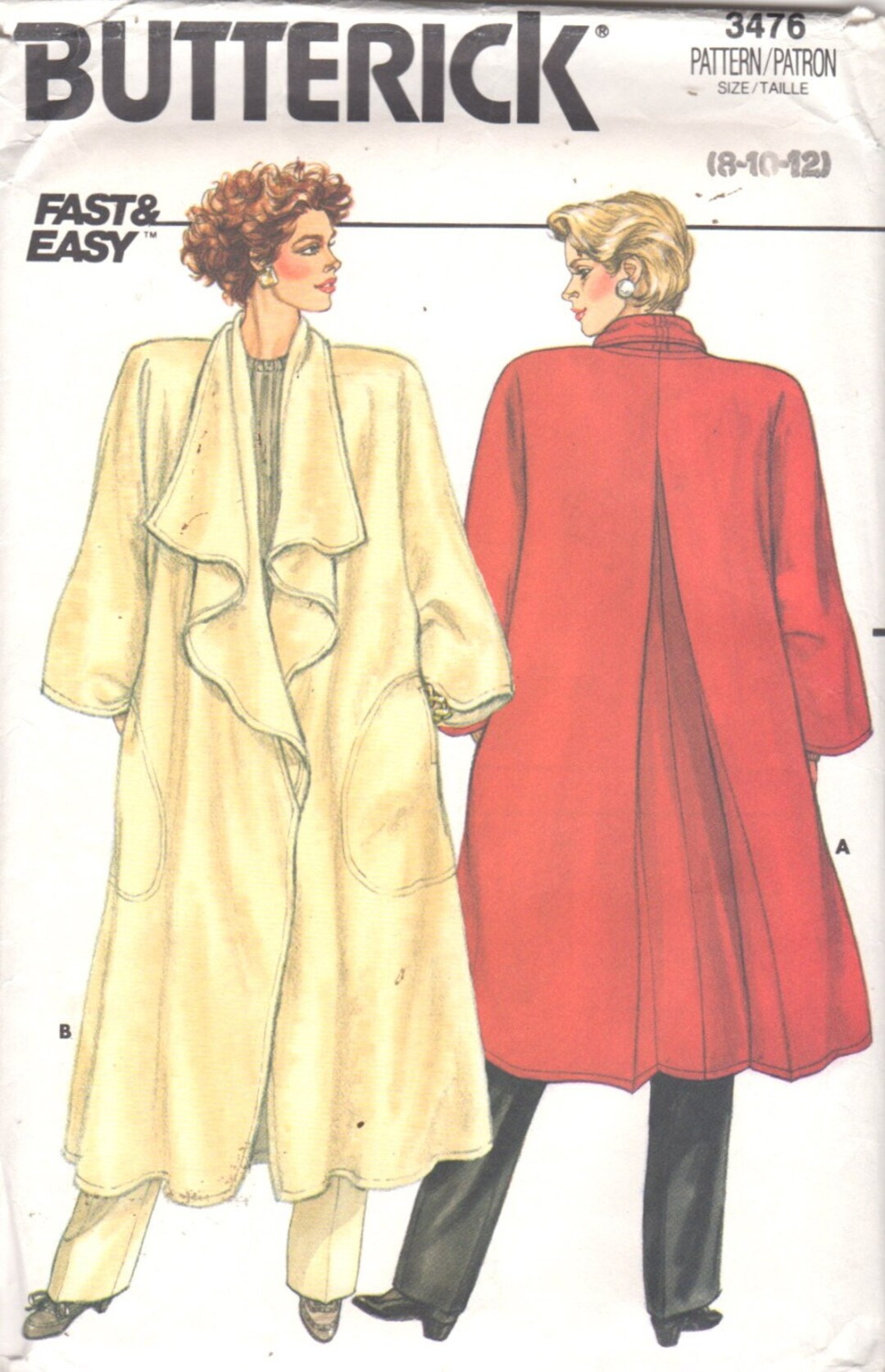 Butterick 3476 1980s Draped Cascade Swing Coat Pattern Inverted Pleat ...