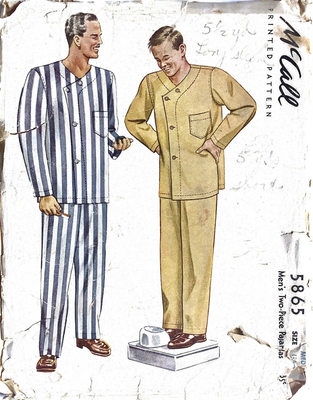Mccall 5865 1940s Mens Pajamas Pattern Asymmetrical Button Shirt and ...