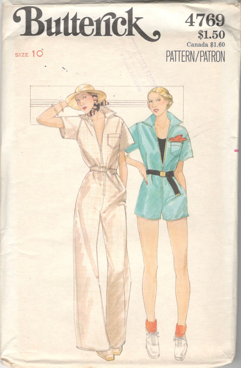 Butterick 4769 1970s Misses Zip Front Jumpsuit Rompers Pattern | Etsy