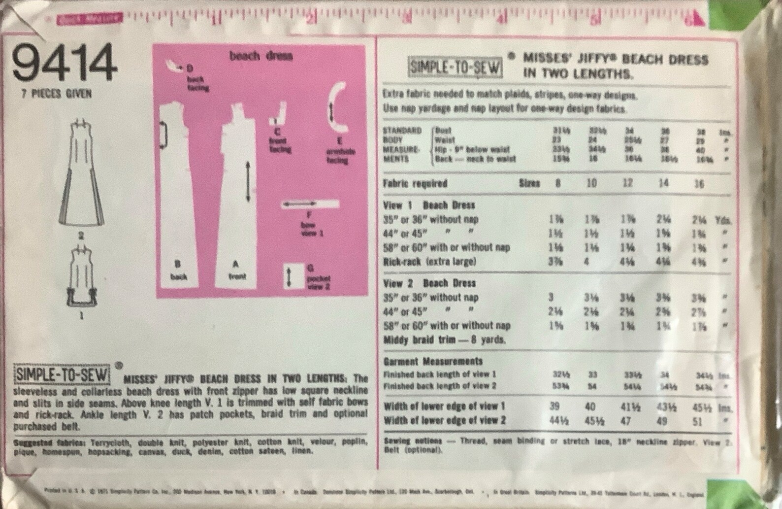 Simplicity 9414 1970s Jiffy Beach Dress Pattern Cover up Mini Maxi ...