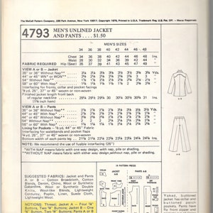 Mccalls 4793 1970s Mens Pants and Jacket Pattern 2 Piece Suit Safari ...