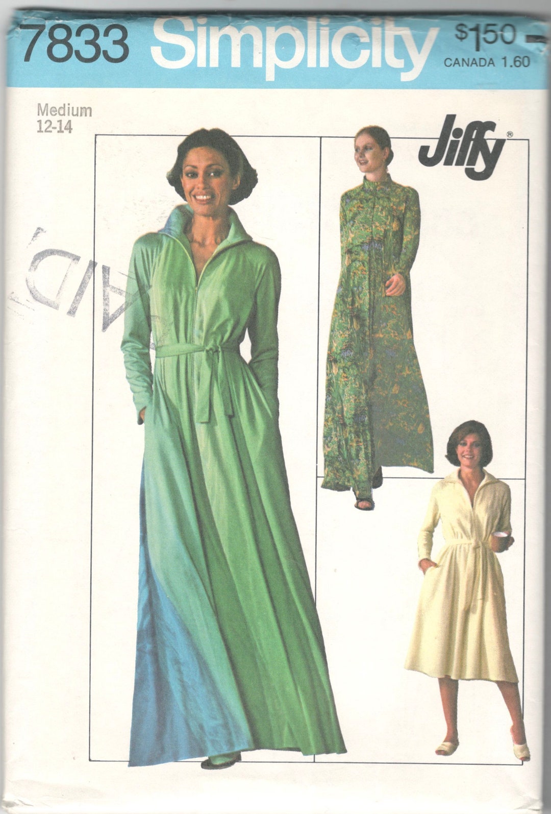 Simplicity 7833 1970s Misses Zip Front CAFTAN Robe Dress Pattern Womens ...