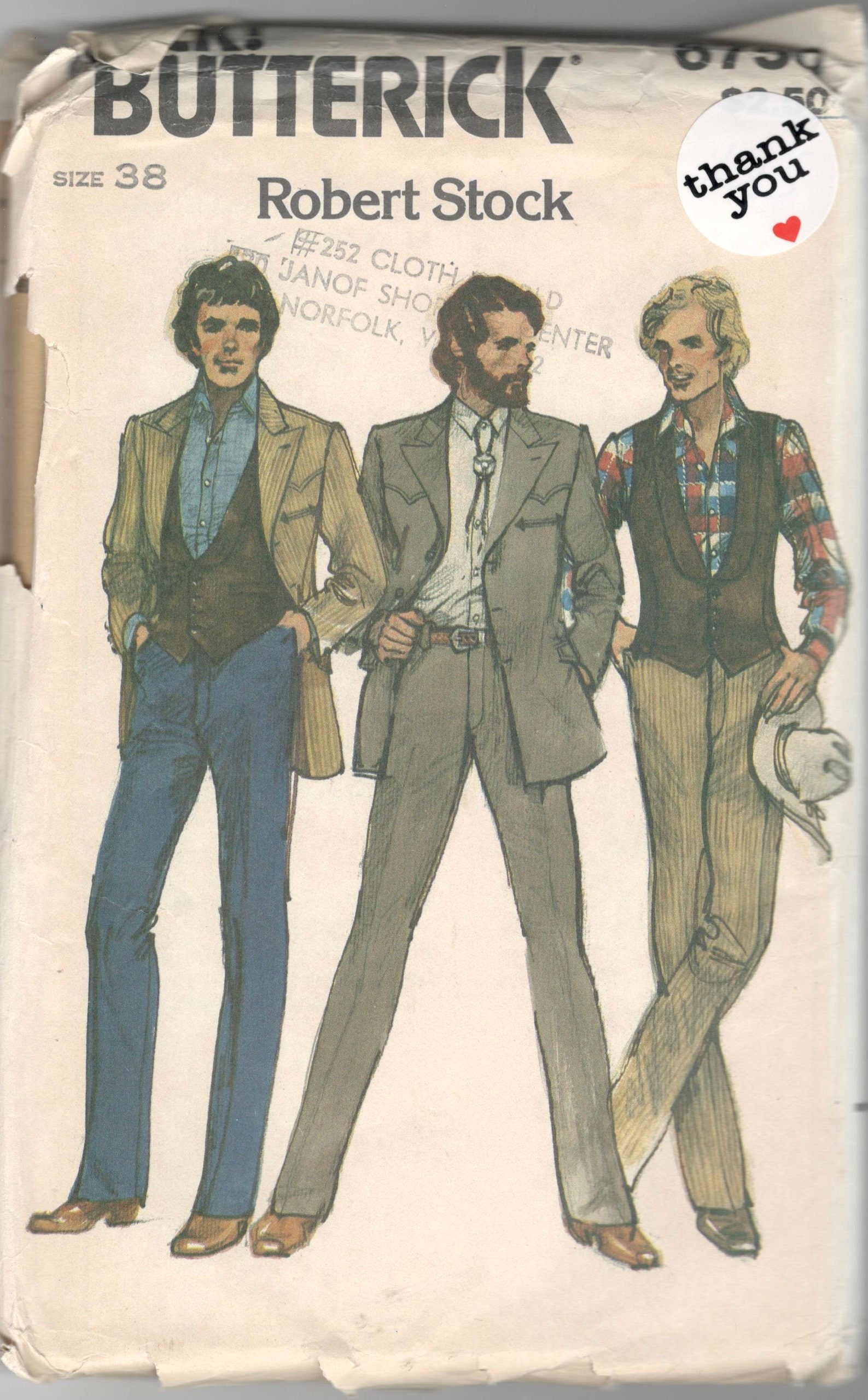 Butterick 6750 1970s Mens Western Suit Pattern Jacket Vest and Pants ...