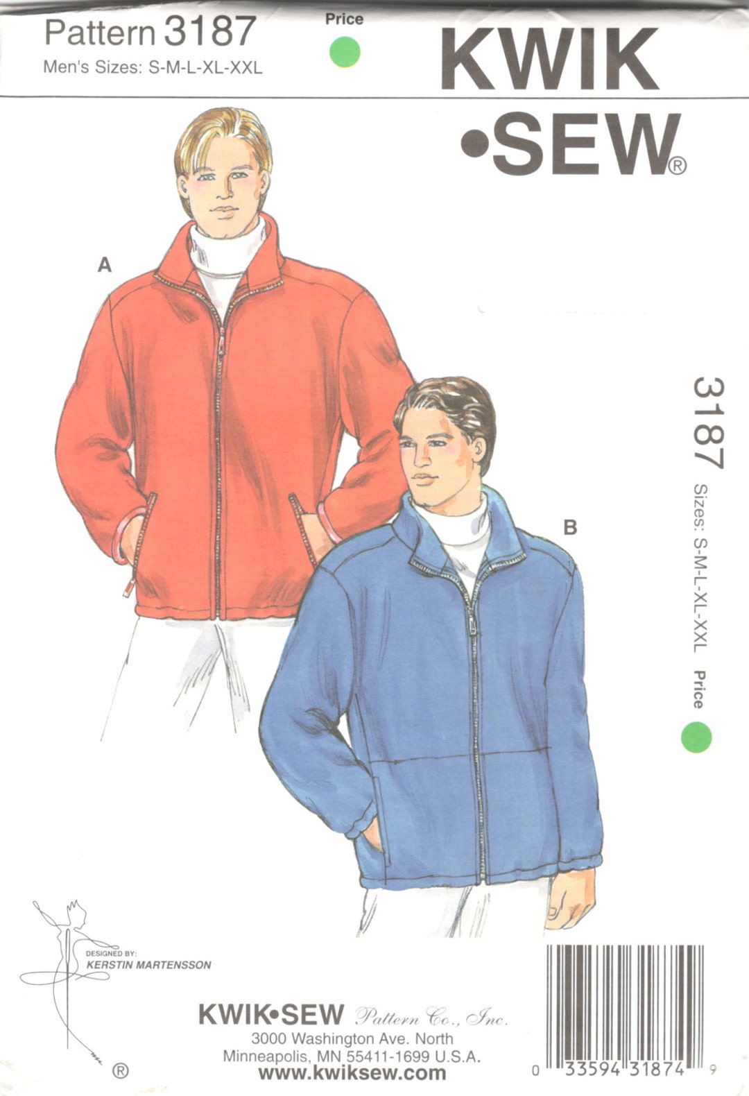 Kwik Sew 3187 Mens Jacket Pattern Zip Front Stand up Collar for Heavy ...