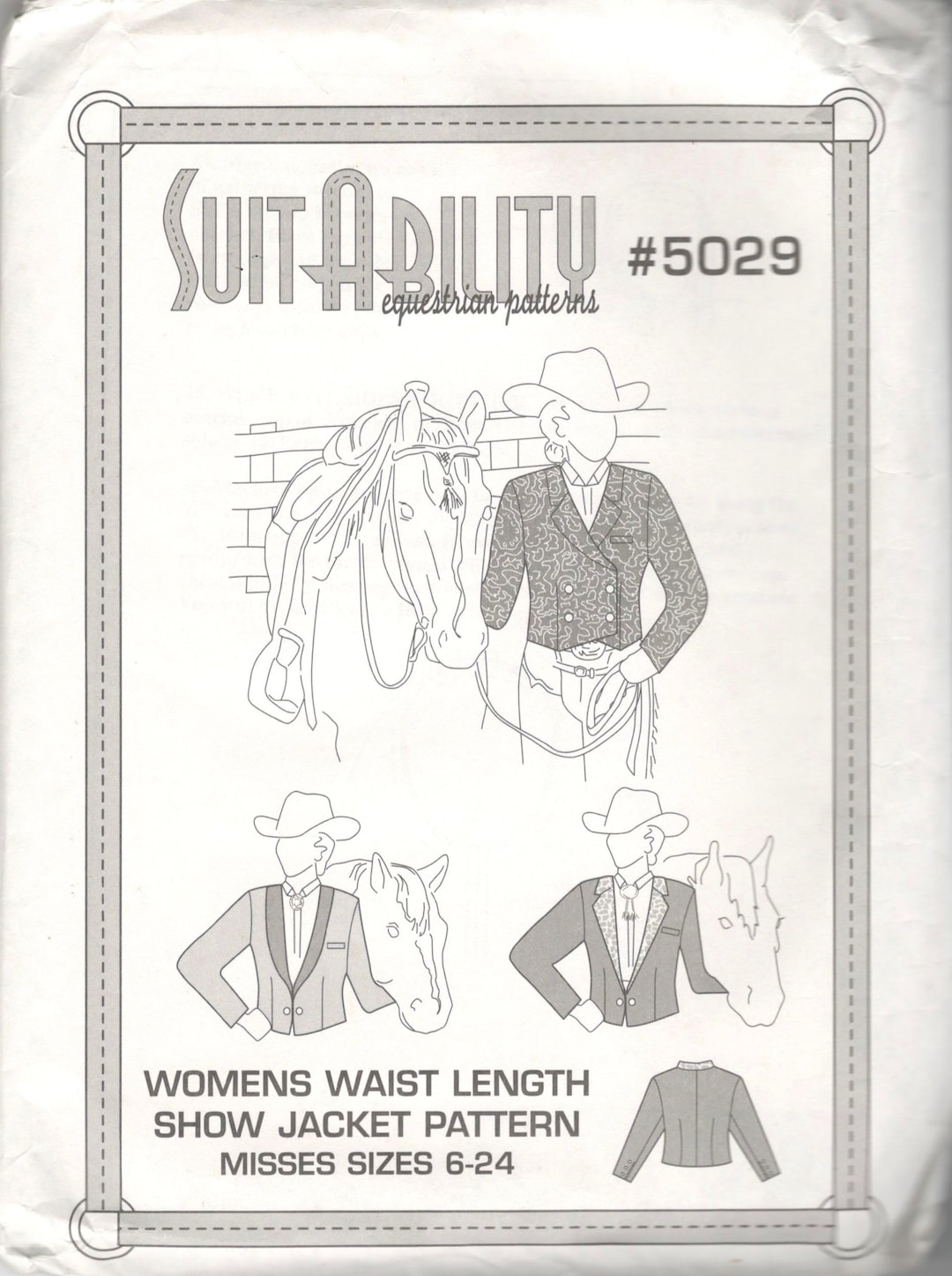 Suitability 5029 Misses Waist Length Show Jacket Pattern 3 Style Equestrian Vintage Sewing ...