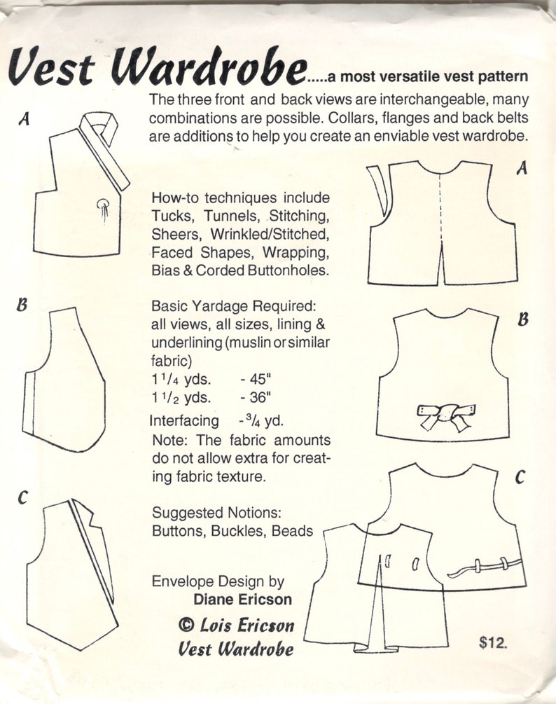 Lois Ericson 301 Vest Wardrobe Pattern 3 Styles Asymmetrical - Etsy