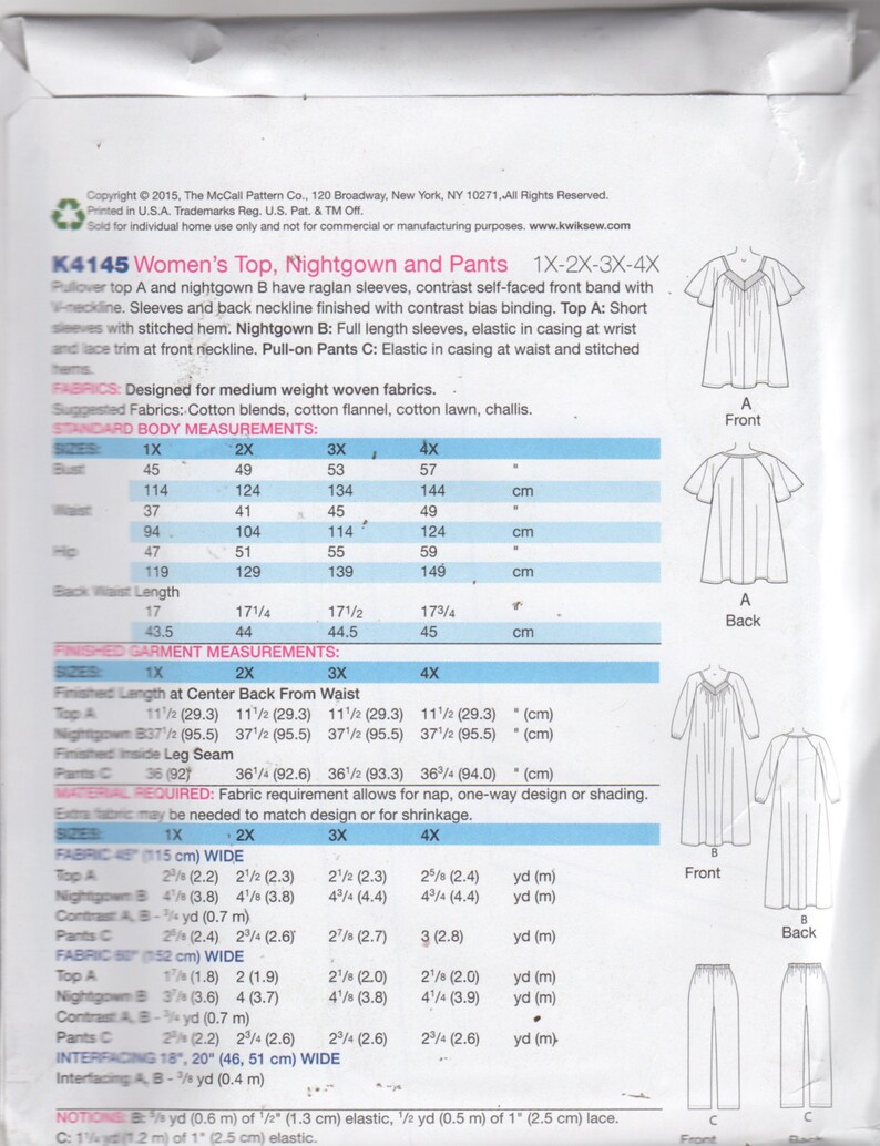 Kwik Sew 4145 K678 Shaped Neckline Pullover Nightgown and Pajamas ...