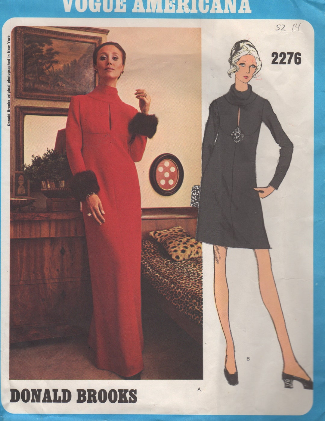 Vogue 2276 1970s Evening Dress Pattern Standing Collar Deep Bodice Slit ...