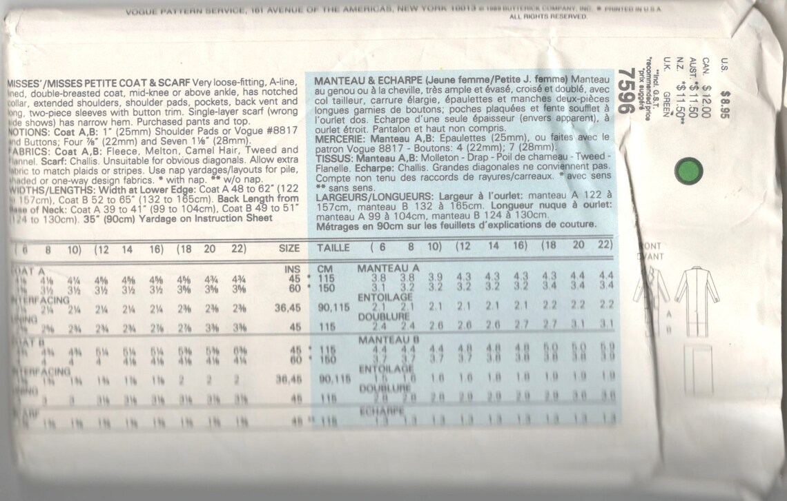 Vogue 7596 1980s Misses Double Breasted Coat and Scarf Pattern - Etsy