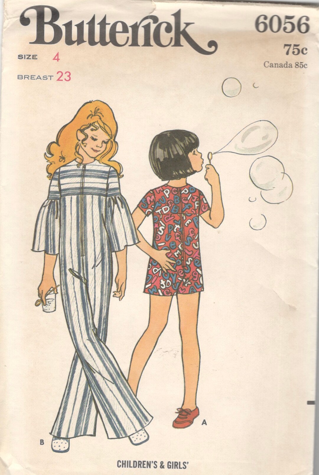 Butterick 6056 1970s Toddlers Jumpsuit Romper Pattern Girls Vintage ...