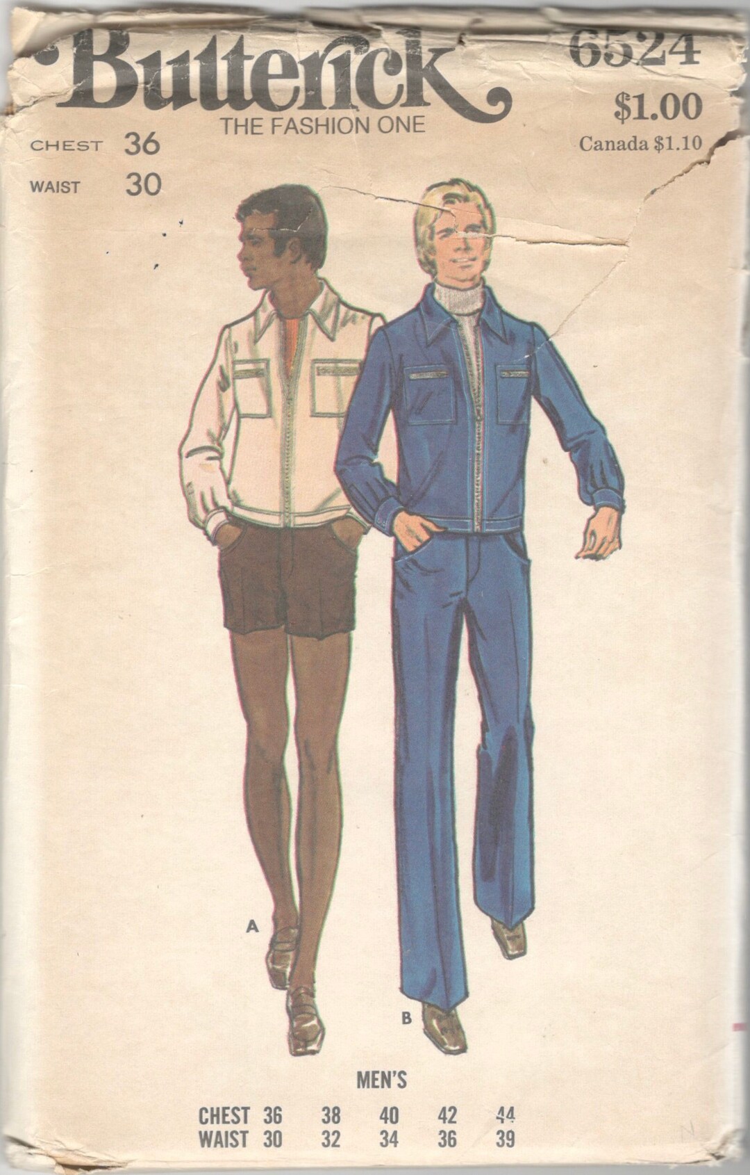 Butterick 6524 1970s Mens Jacket Pants and Shorts Pattern Adult Vintage ...