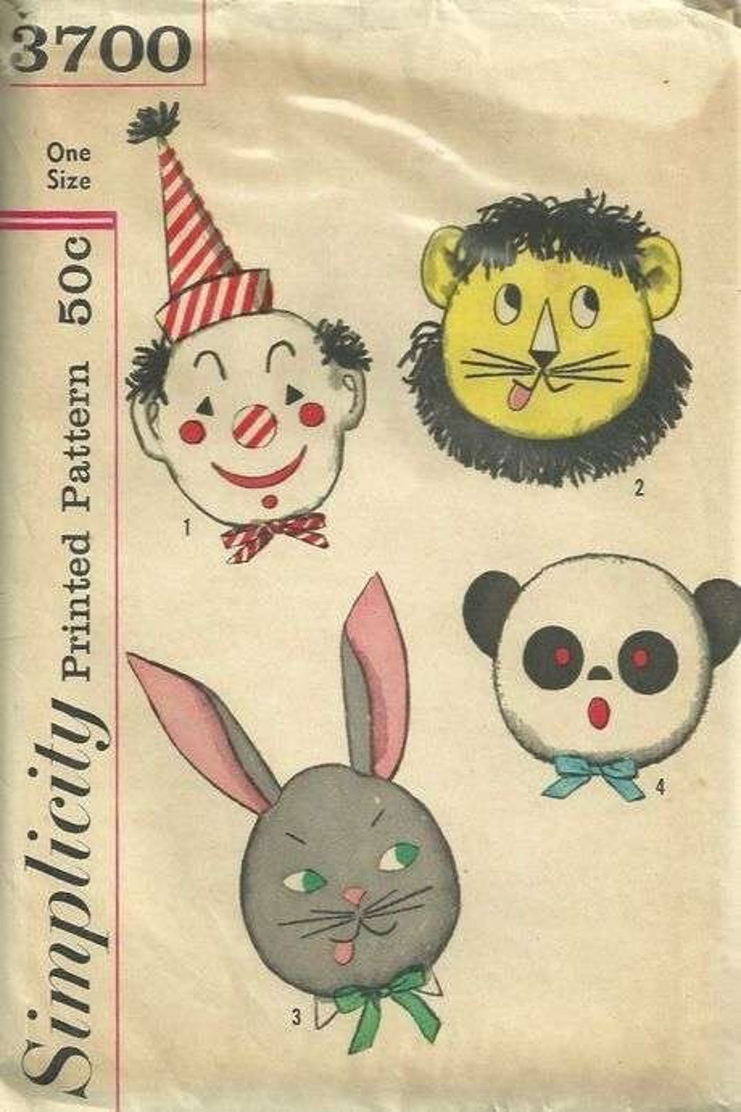 Simplicity 3700 1960s One Size Fun Pillows Pattern Lion Bunny Rabbit ...