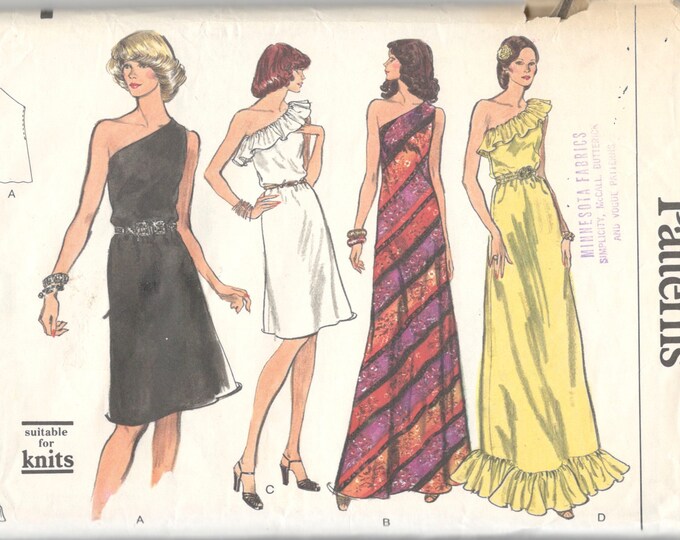 Vogue 8878 1970s Misses One Shoulder Evening Dress Pattern for Knits ...