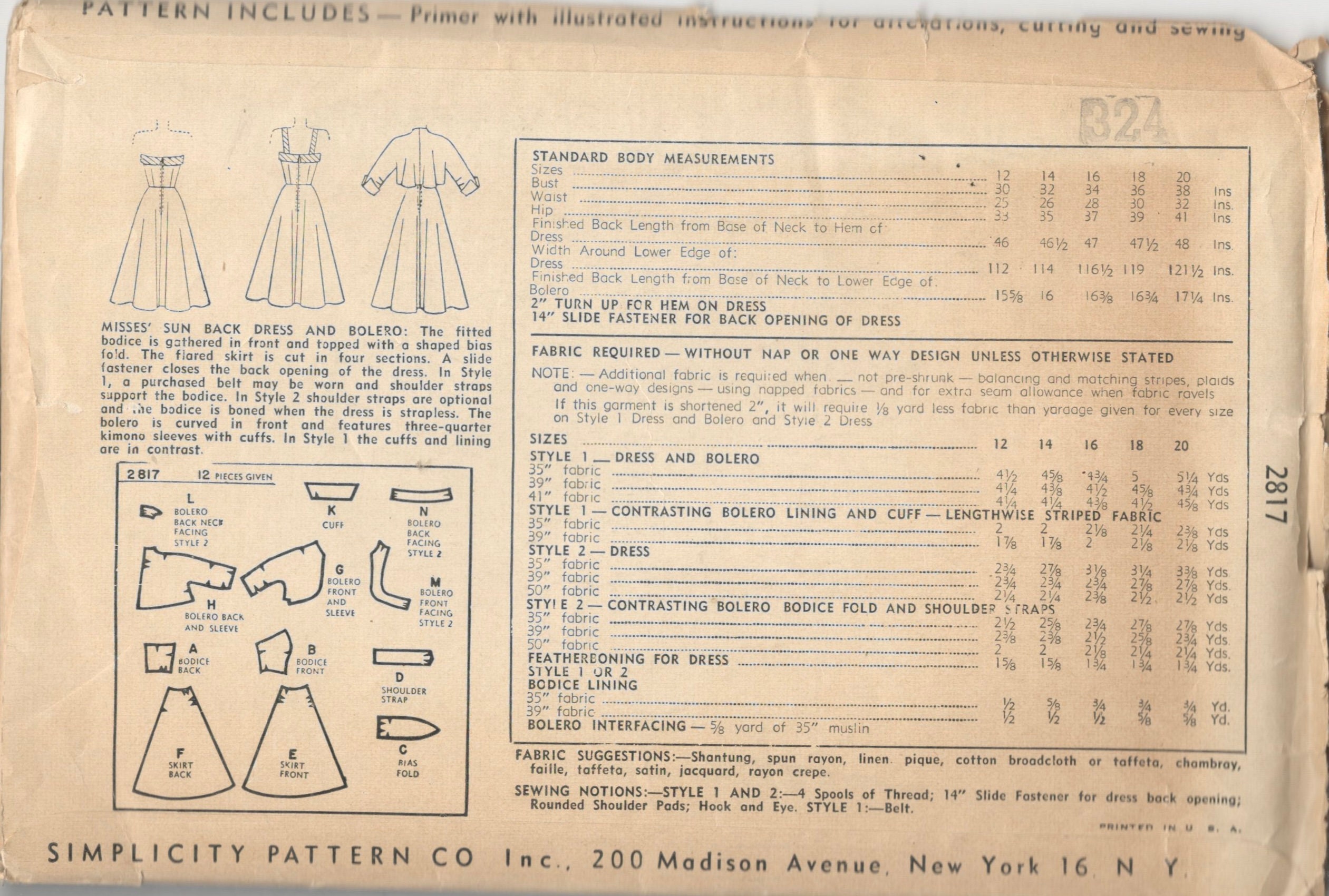 1940s Simplicity 2817 Misses Sun Back Dress and Bolero Jacket Pattern ...