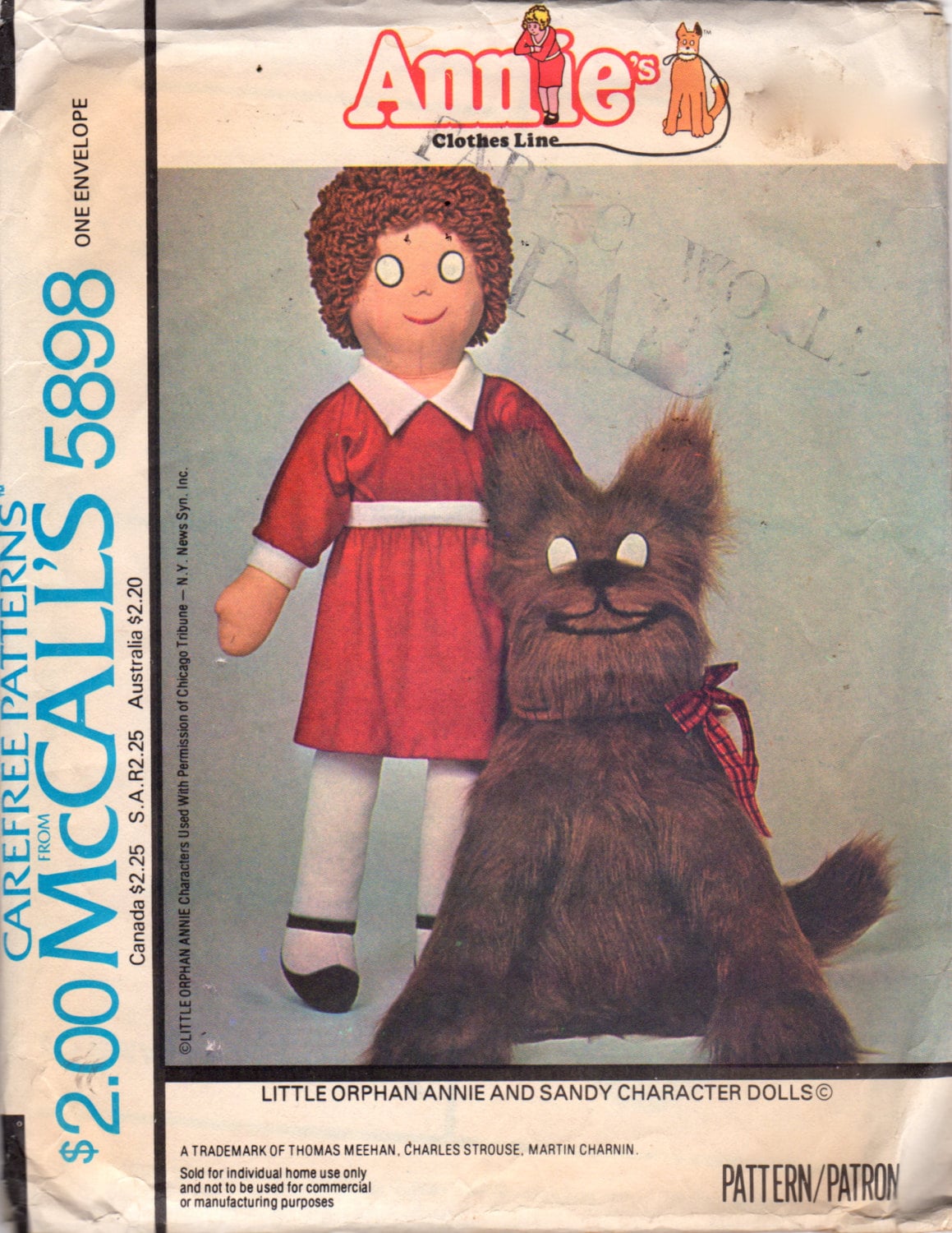 1970s Mccalls 5898 38 Inch Little Orphan Annie Doll Pattern Doll Dress ...