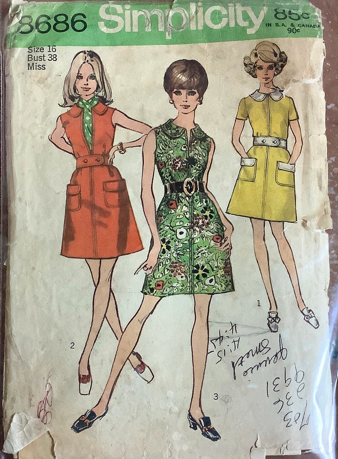 Simplicity 8686 1960s Misses Zip Front Dress Pattern Sleeveless or ...