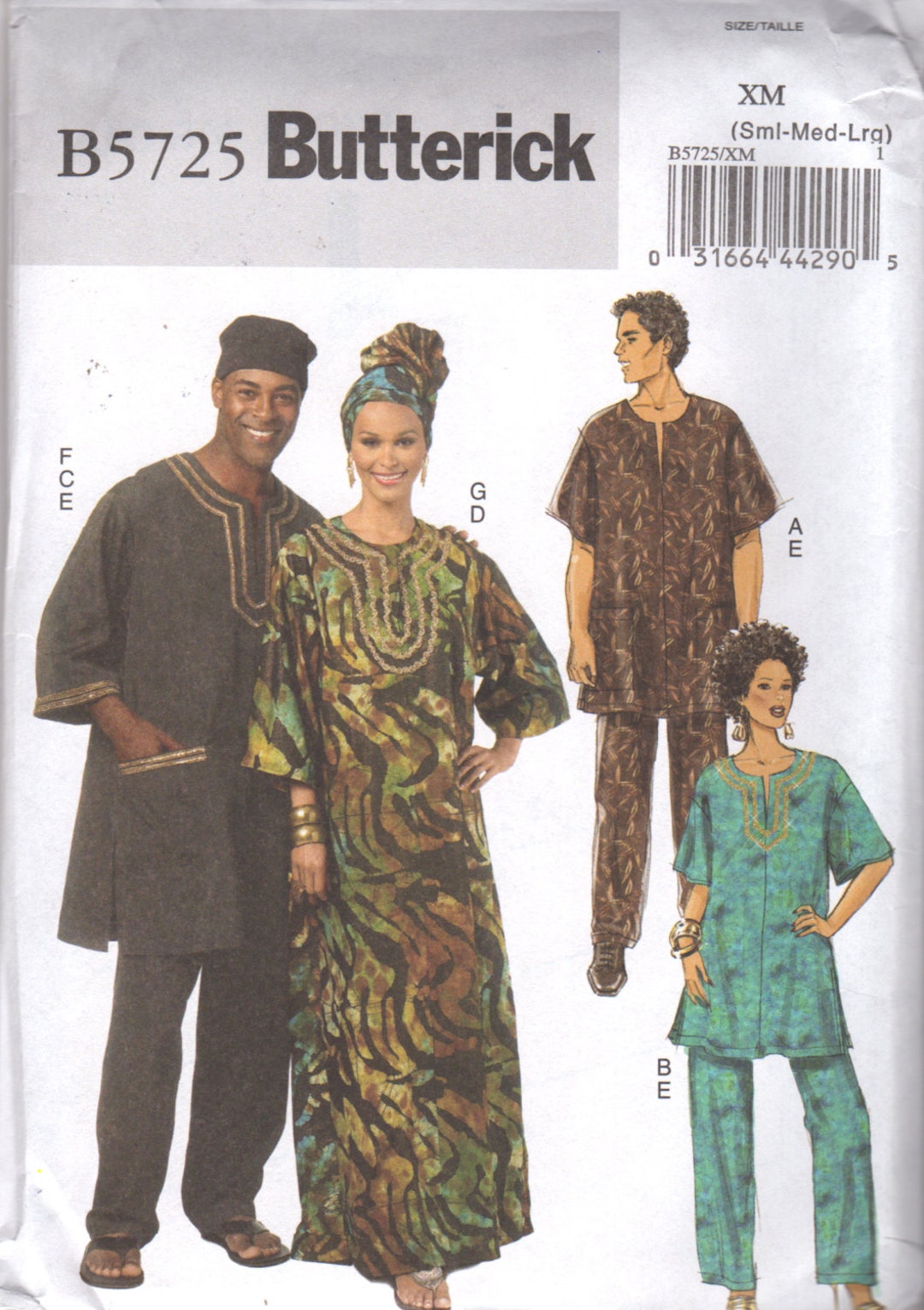 Butterick 5725 10041 Mens Womens Loose Fitting Caftan Tunic Pants Hat ...