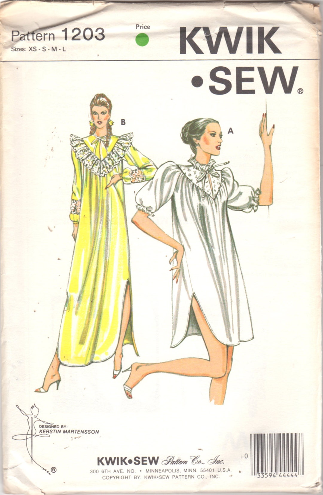 Kwik Sew 1203 1970s Misses Yoked Nightgown Pattern Raglan Sleeve 2 ...