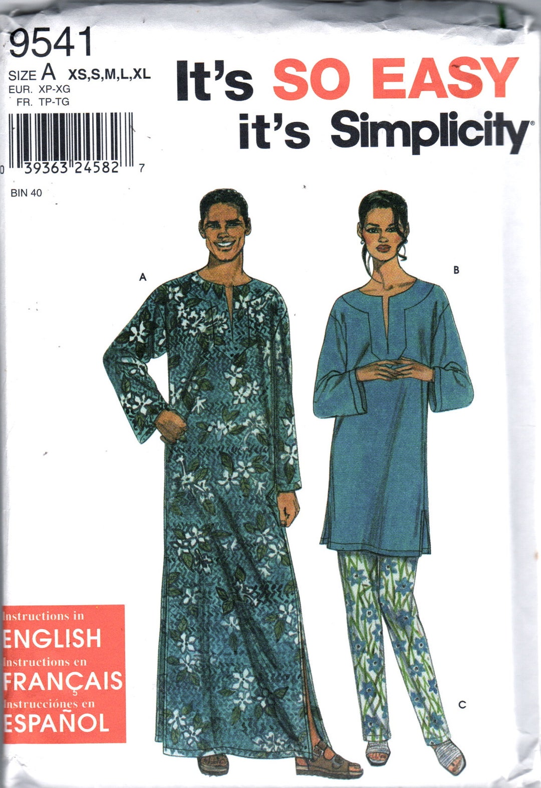 Simplicity 9541 Easy Misses Mens Teen Caftan and Top Tunic Pants ...
