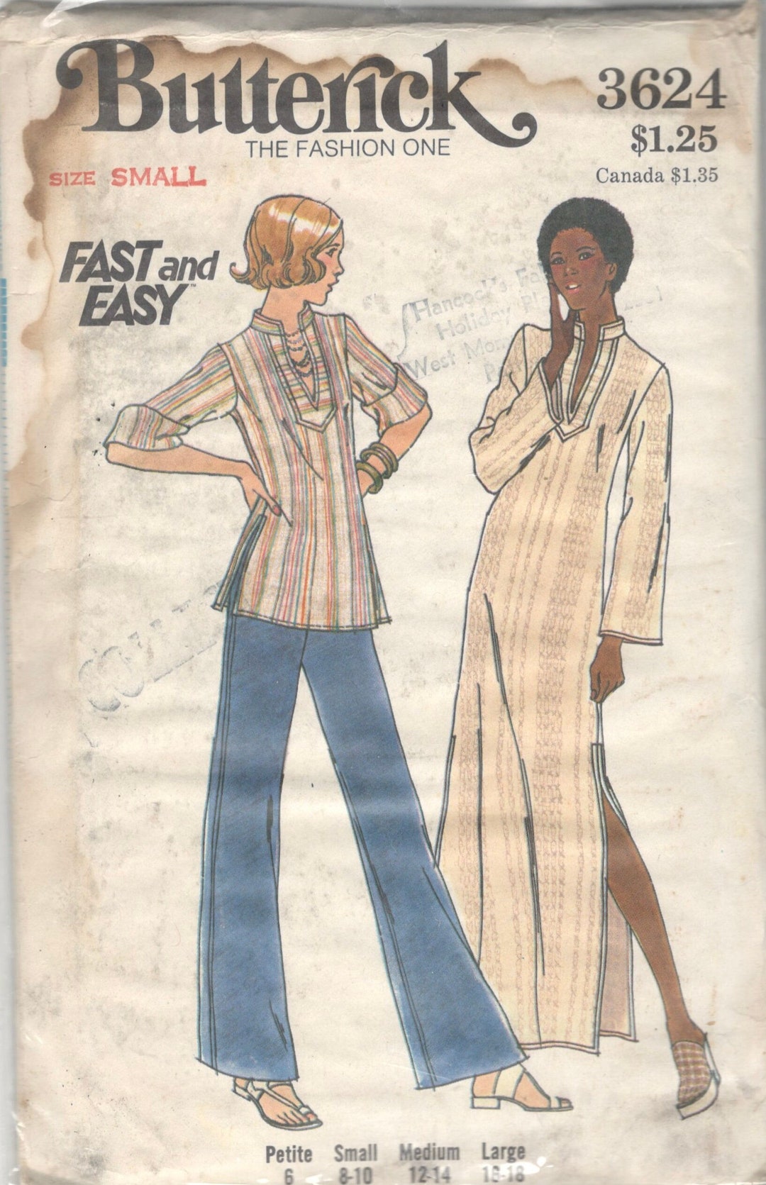 Butterick 3624 1970s Misses V Neck Pullover Caftan and Top Pattern Fast ...