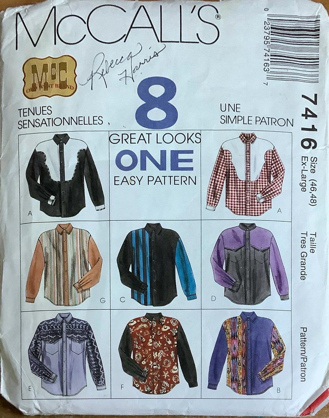 Mccalls 7416 Mens Western Shirt Pattern Easy 8 Great Looks Adult Cowboy Rodeo Yoked Vintage ...