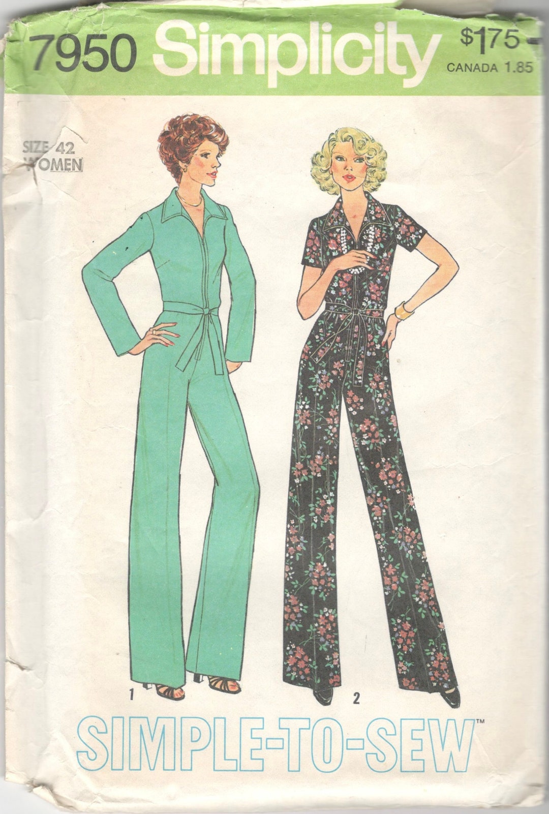 1970s Simplicity 7950 Womens Simple to Sew Zip Front JUMPSUIT Pattern ...