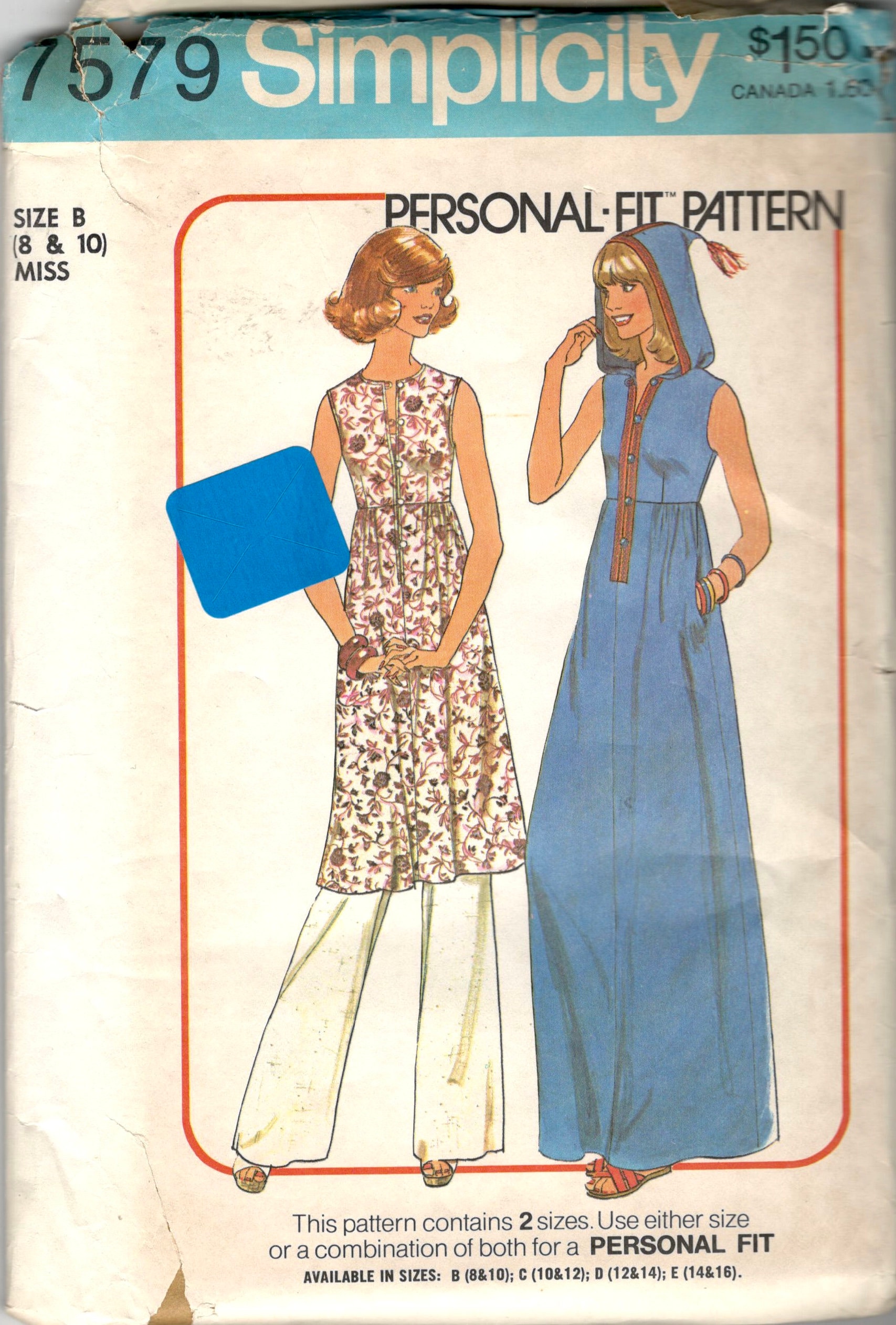 Simplicity 7579 1970s Misses Hooded Sleeveless Caftan Dress | Etsy