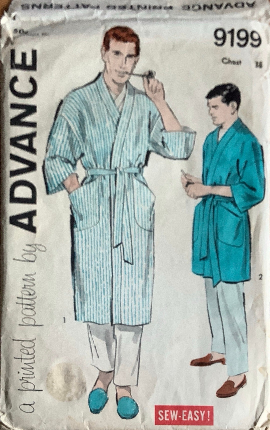 Advance 9199 Mens 1950s 60s Wrap Robe Pattern Loungewear Kimono Sleeve ...