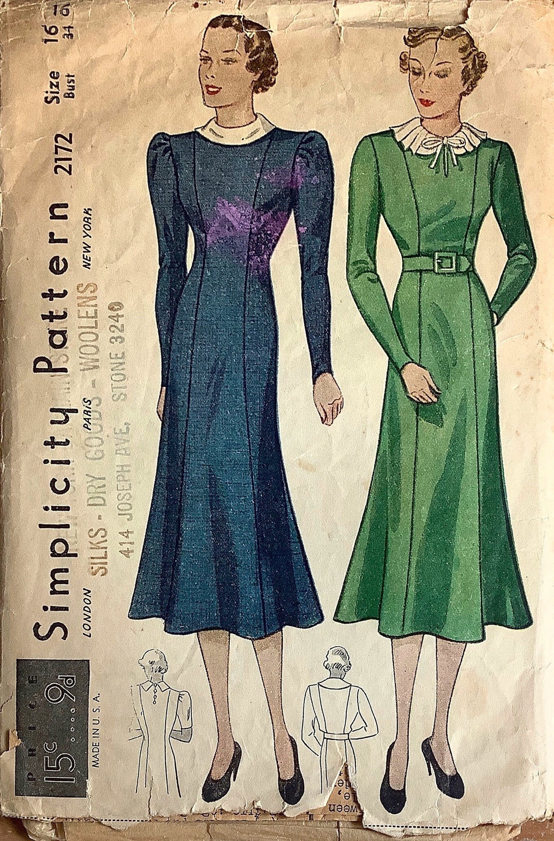 1930s Simplicity 2172 Princess Seam Dress Pattern Leg of Mutton Sleeve ...