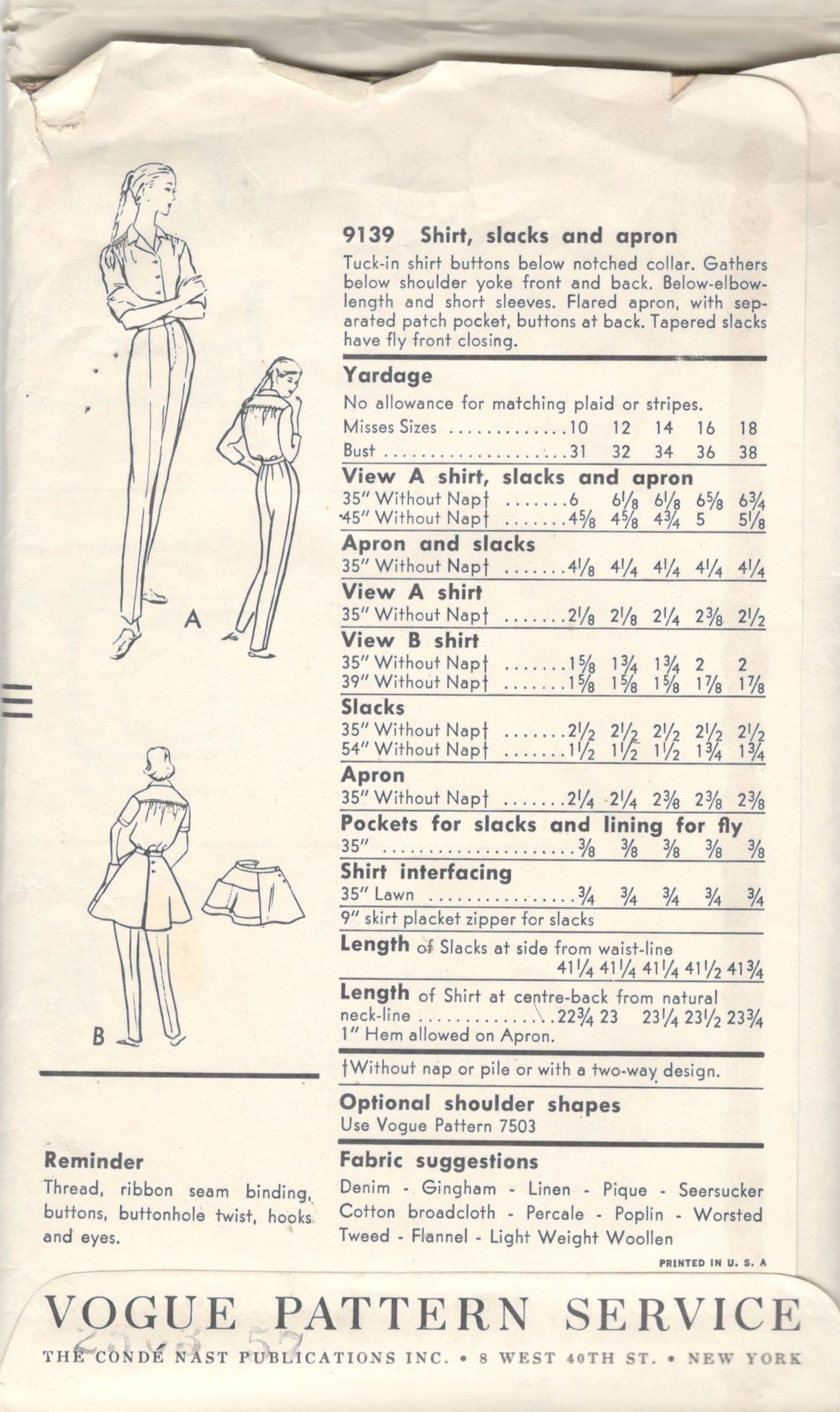 Vogue 9139 1950s Misses Shirt Tapered Slacks and Flared Cobbler ...