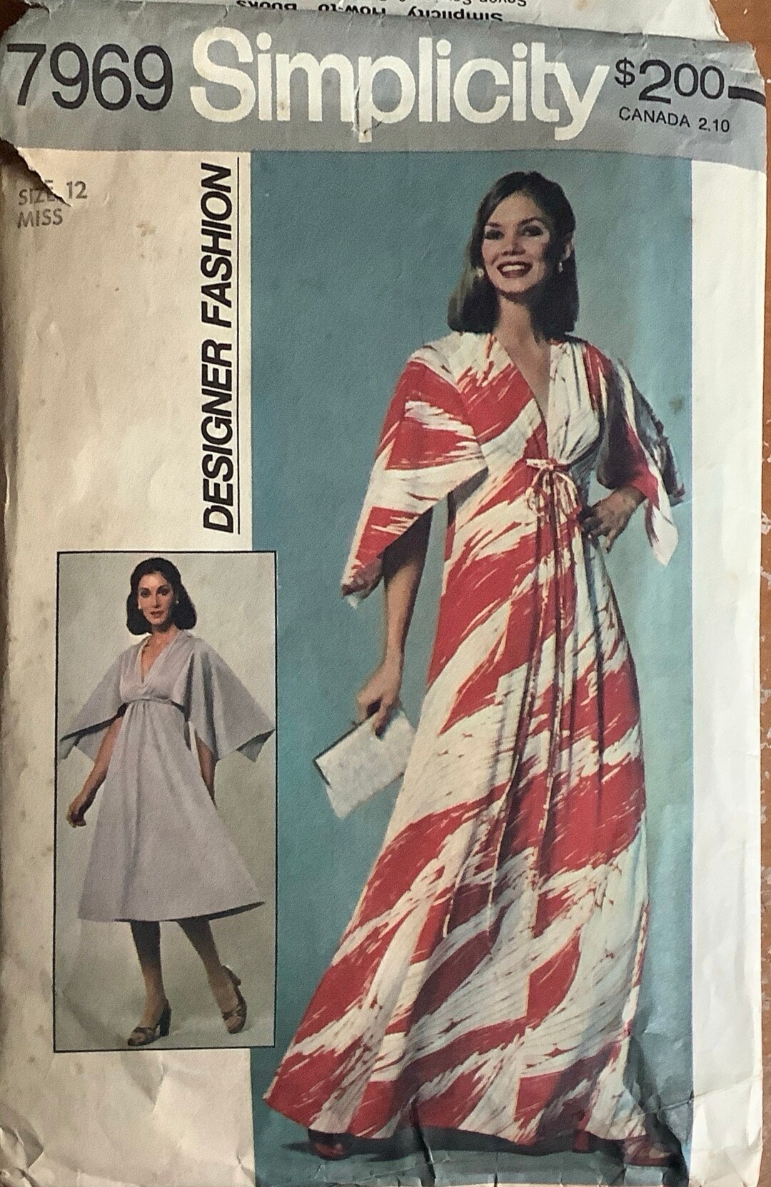 1970s Simplicity 7969 Misses Designer Dress Pattern Angel Sleeves V ...
