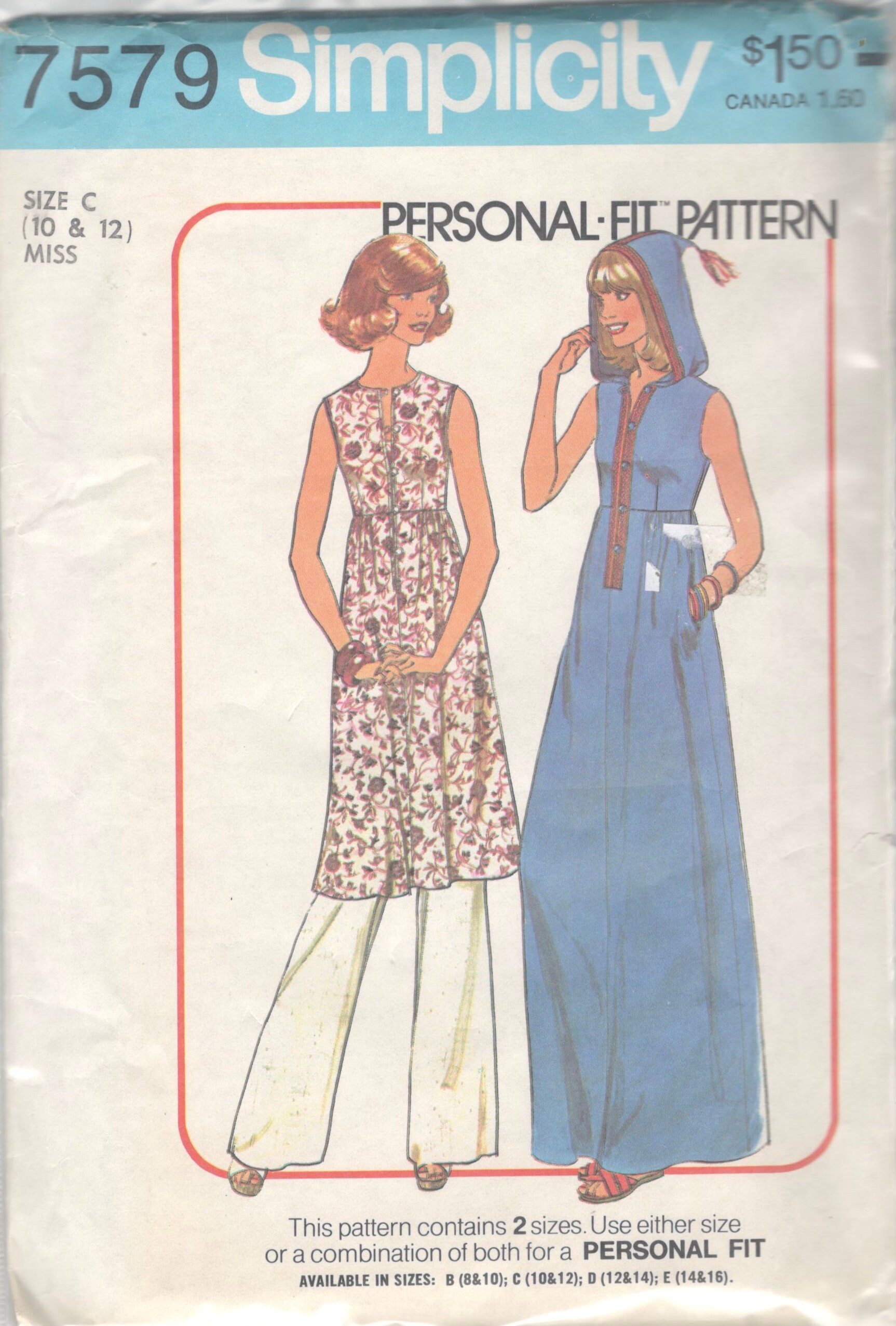 Simplicity 7579 1970s Misses Hooded Sleeveless Caftan Dress | Etsy