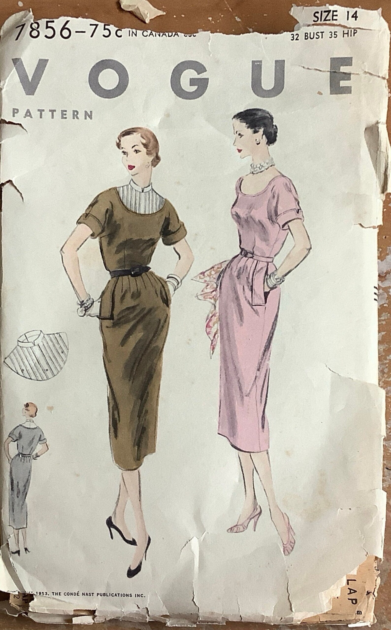 Vogue 7856 1950s Sheath Dress and Dickey Pattern Kimono Sleeves Slim ...