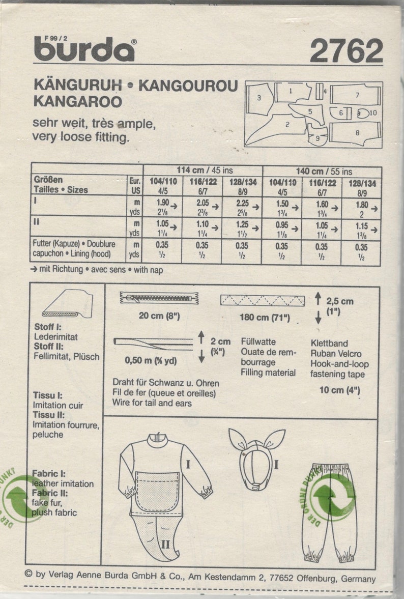 Burda 2762 Boys Girls Kangaroo Costume Pattern Pants Top Head | Etsy