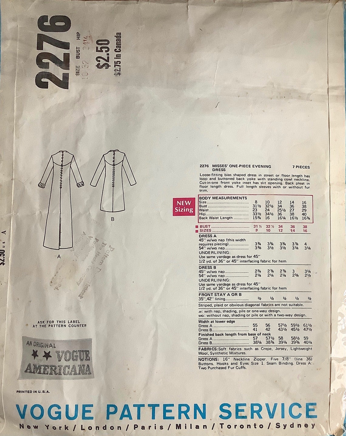 Vogue 2276 1970s Evening Dress Pattern Standing Collar Deep Bodice Slit ...