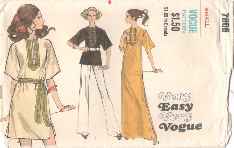 Vogue 7808 1970s Misses Pullover Tunic Dress Caftan Pattern Side Slits ...