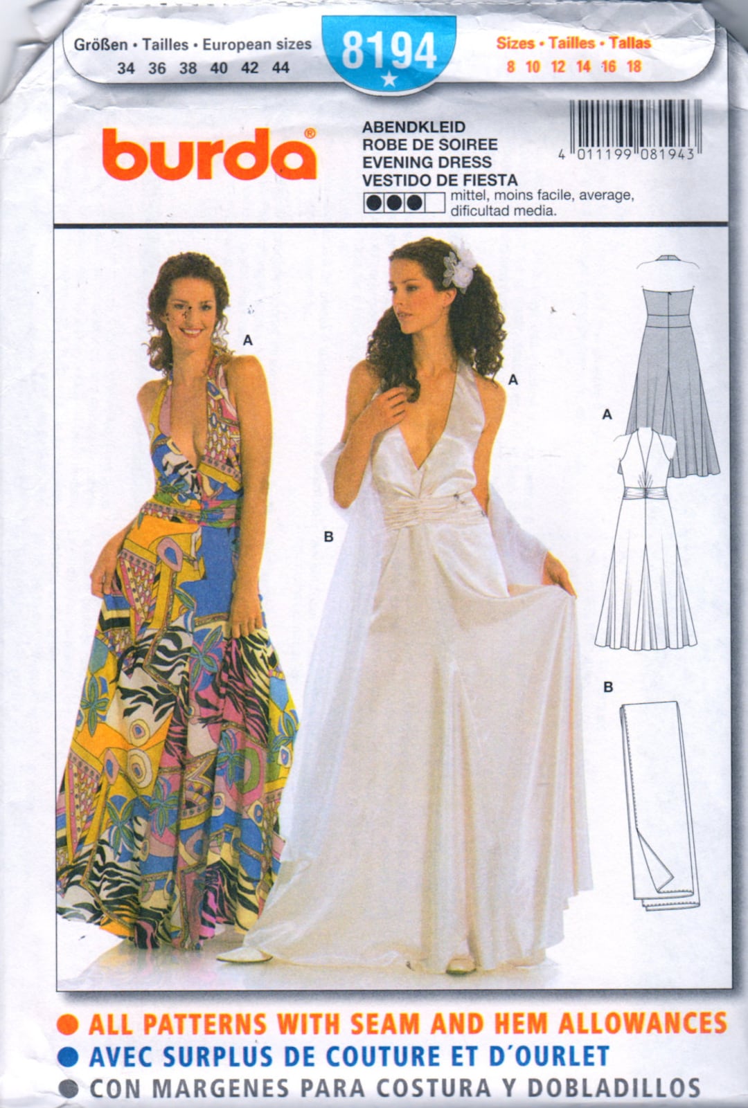 Burda 8194 Misses Halter Evening Dress and Wrap Pattern Low V Neck ...