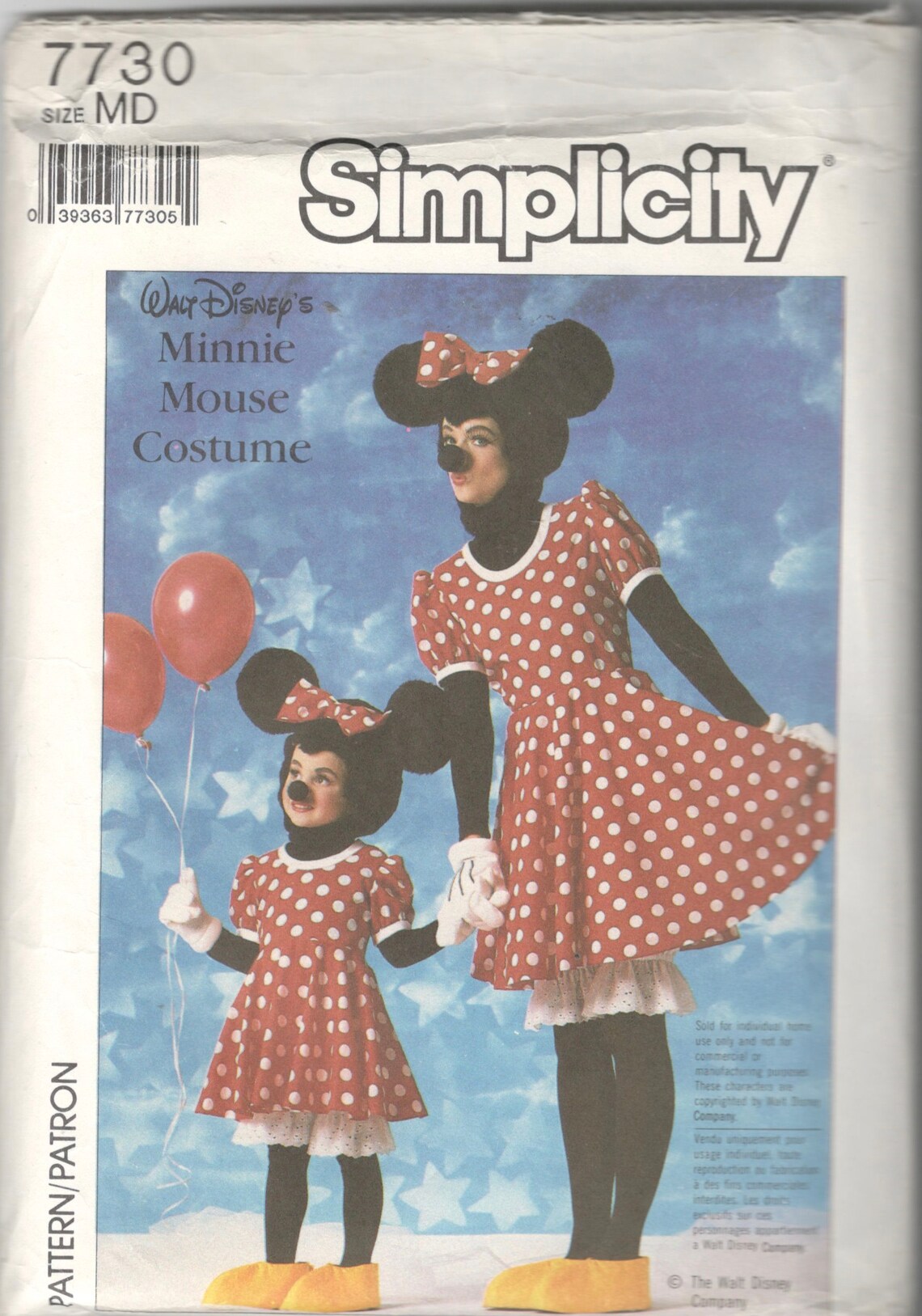 Simplicity 7730 1980s Misses MINNIE MOUSE Costume Pattern Official Walt ...