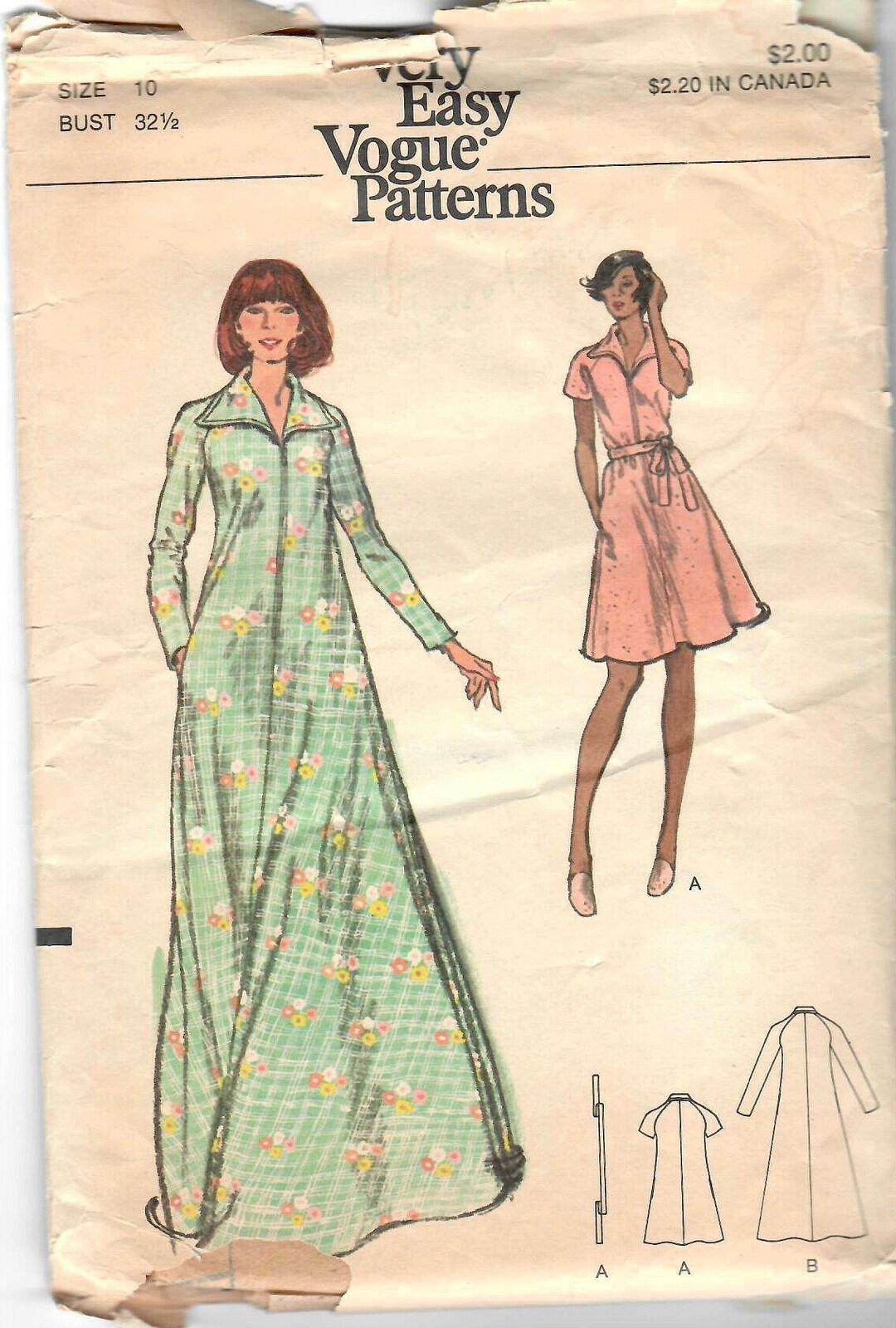 1970s Vogue 8607 Misses Very Easy Front Zip Robe Pattern 2 Lengths Tent ...